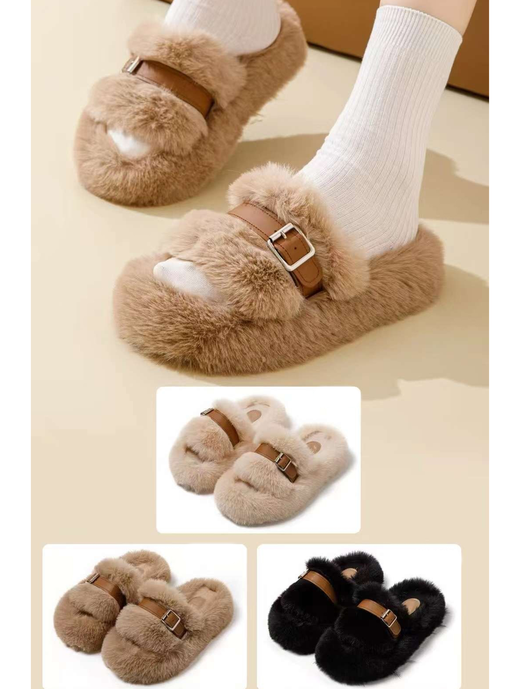 Soft Plush Fuzzy Indoor Slippers W/ Belt