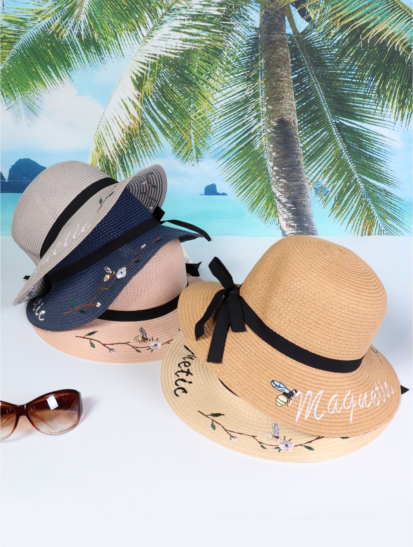 Wide Brim Summer Hat W/ Ribbon Bow and Bee pattern