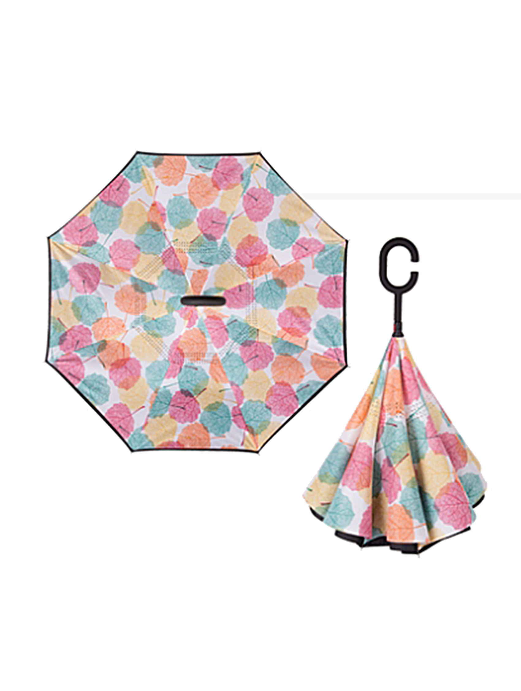 Maple Leaf Print Double Layer Inverted Umbrellas W/ C-Shaped Handle