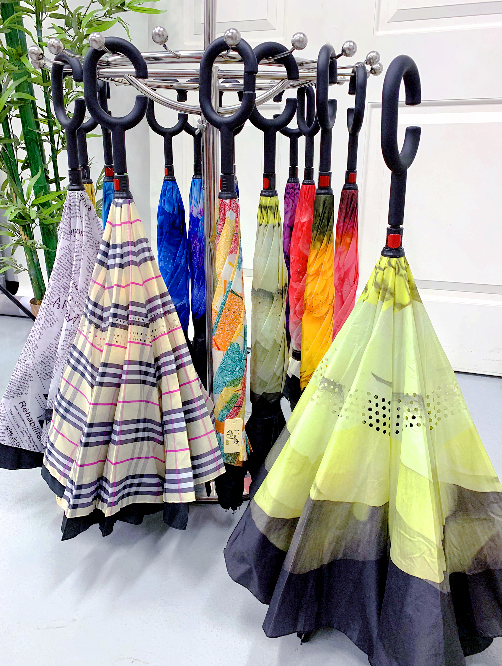 Flower Print Double Layer Inverted Umbrellas W/ C-Shaped Handle