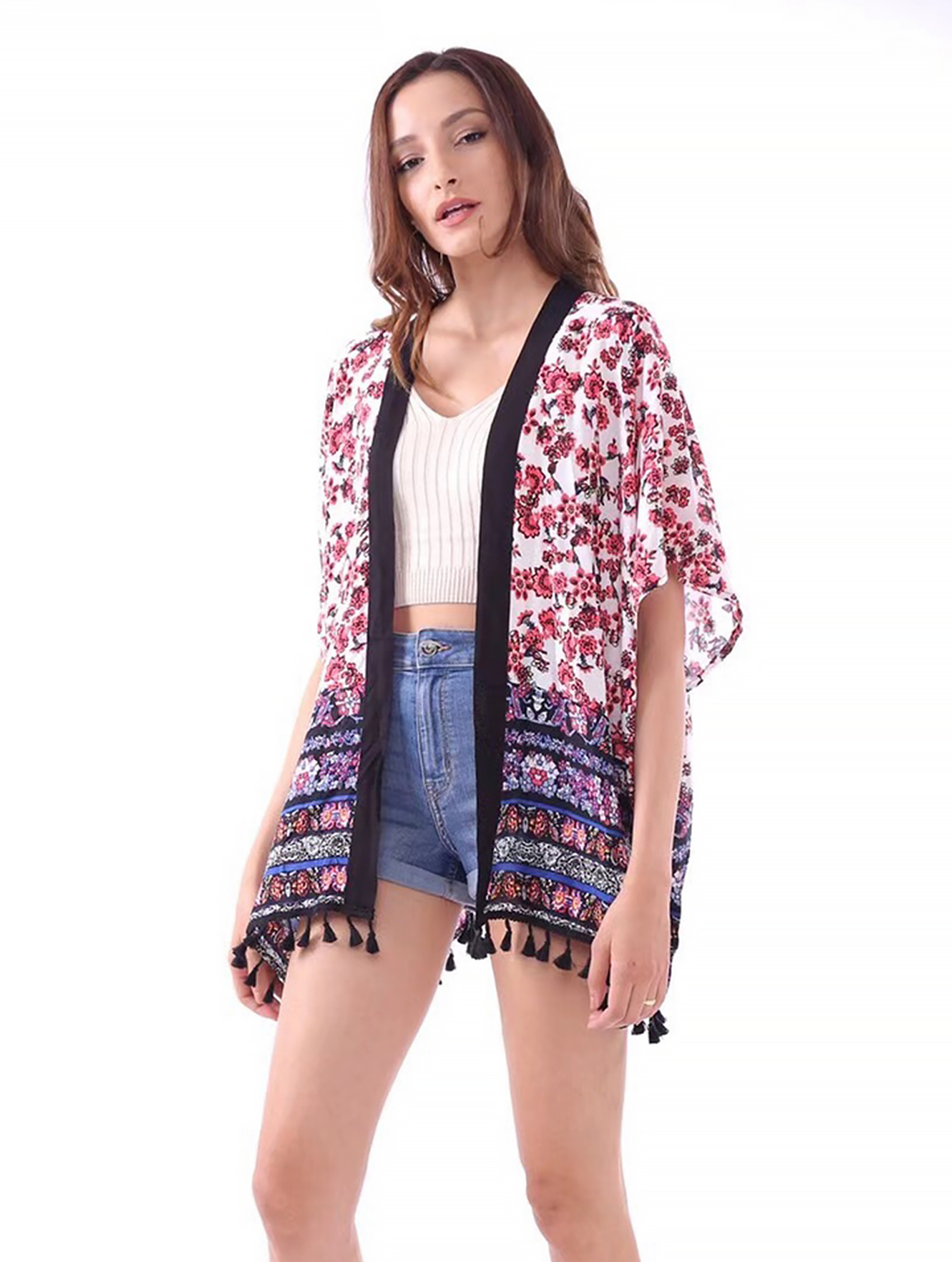 Summer Pattern Print Kimono W/ Tassel Detailing
