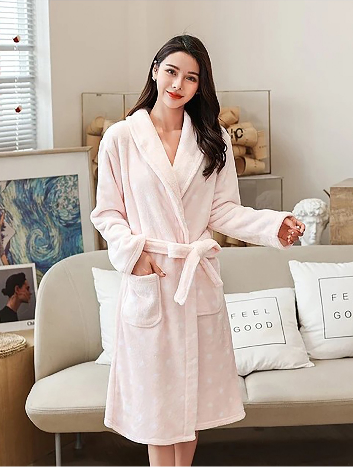 Solid Color Print Flannel House Robe W/ Pockets