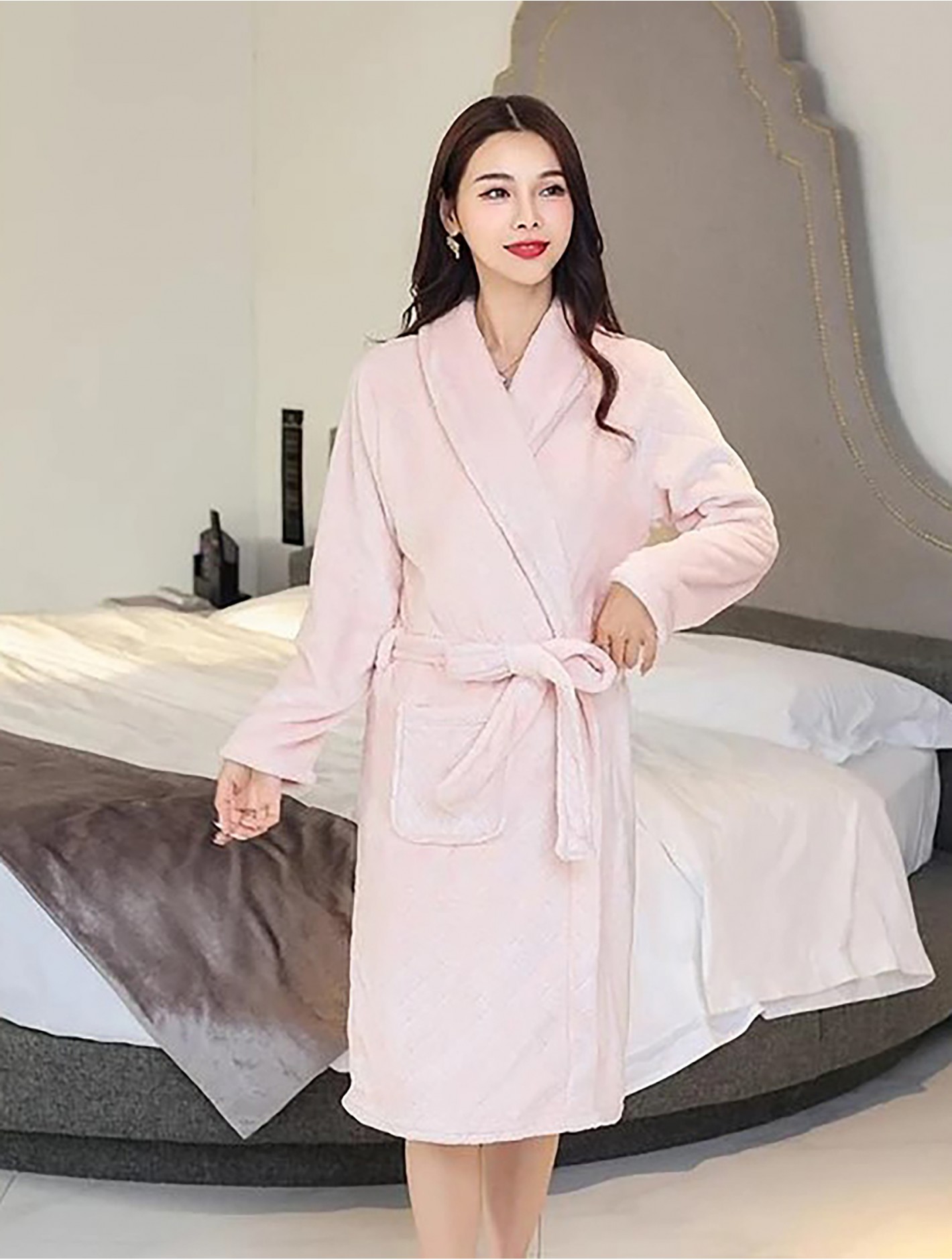 Solid Color Flannel House Robe W/ Pockets