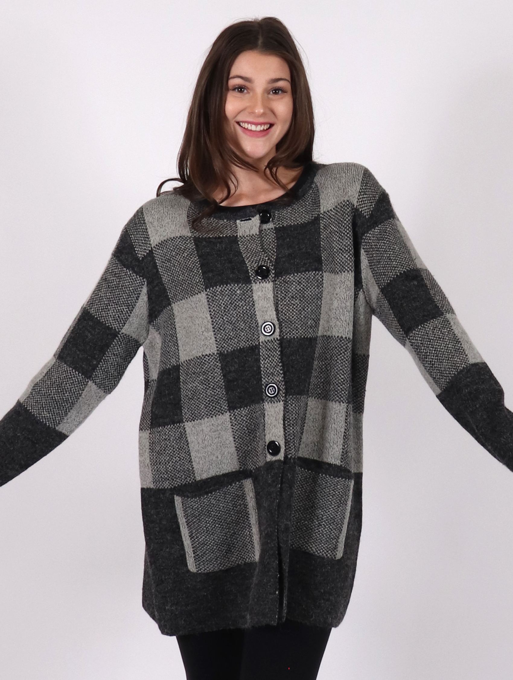 Plaid Knit Sweater Jacket W/ Buttons and Pockets