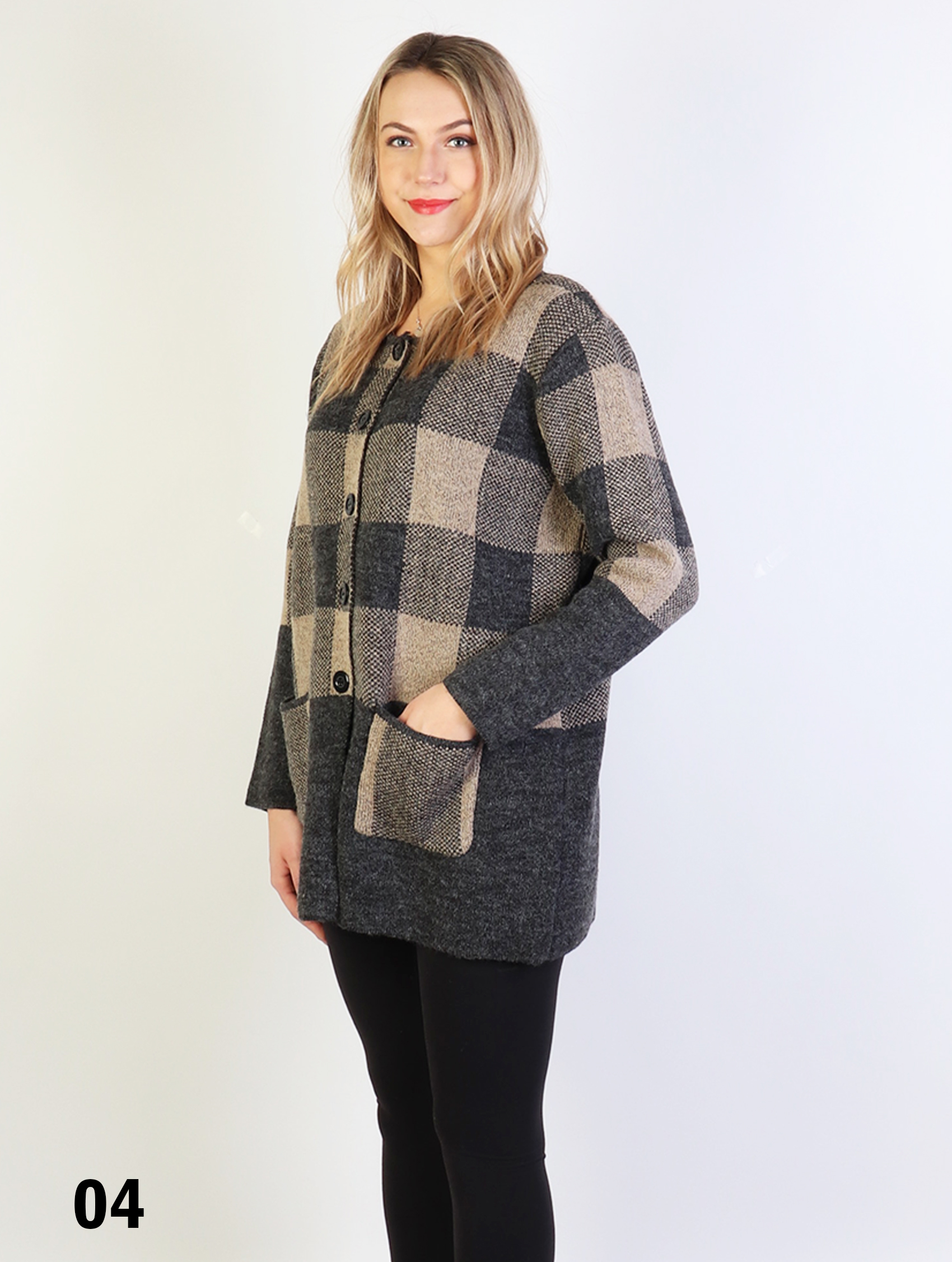 Plaid Knit Sweater Jacket W/ Buttons and Pockets