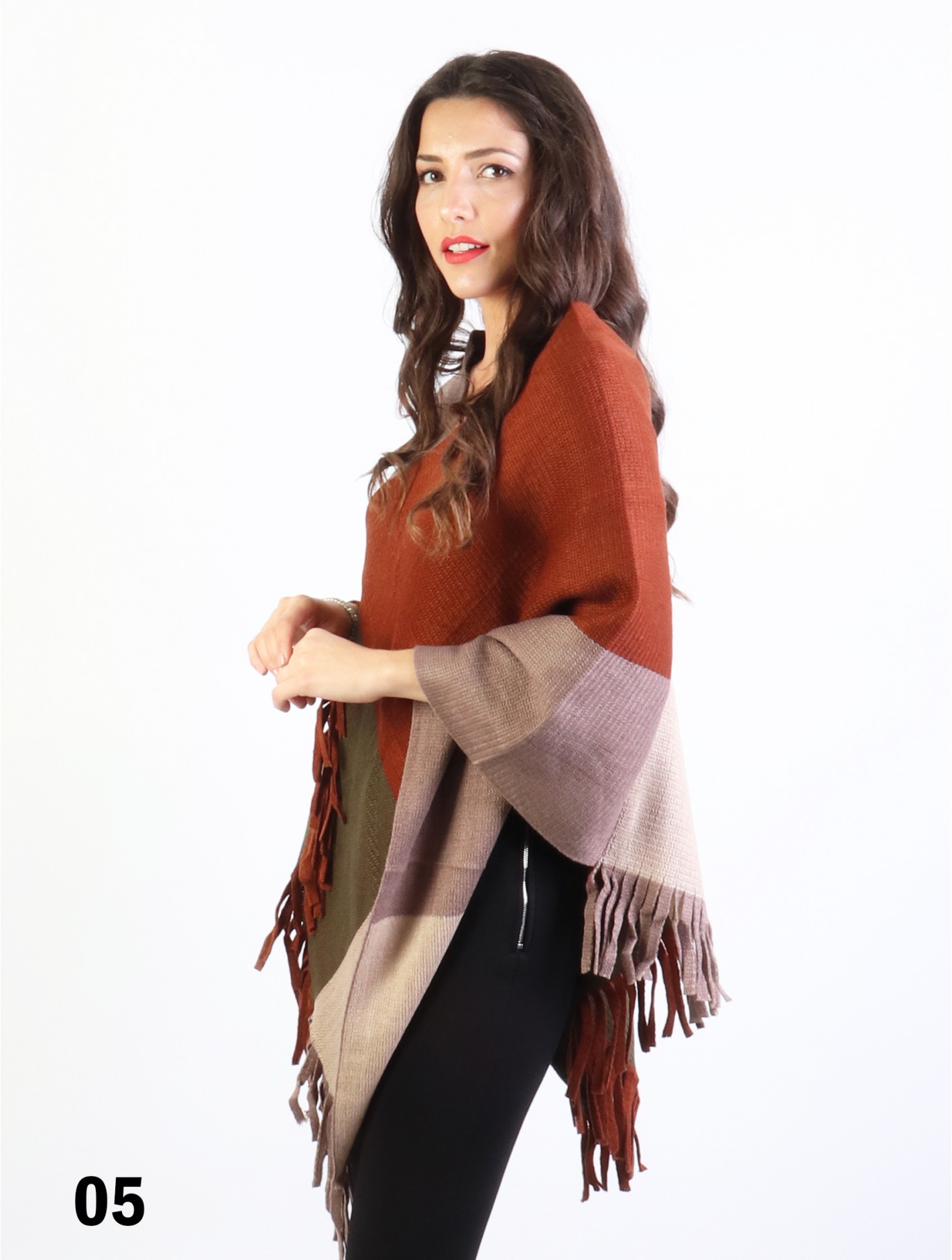 Color Block Poncho W/ Fringes