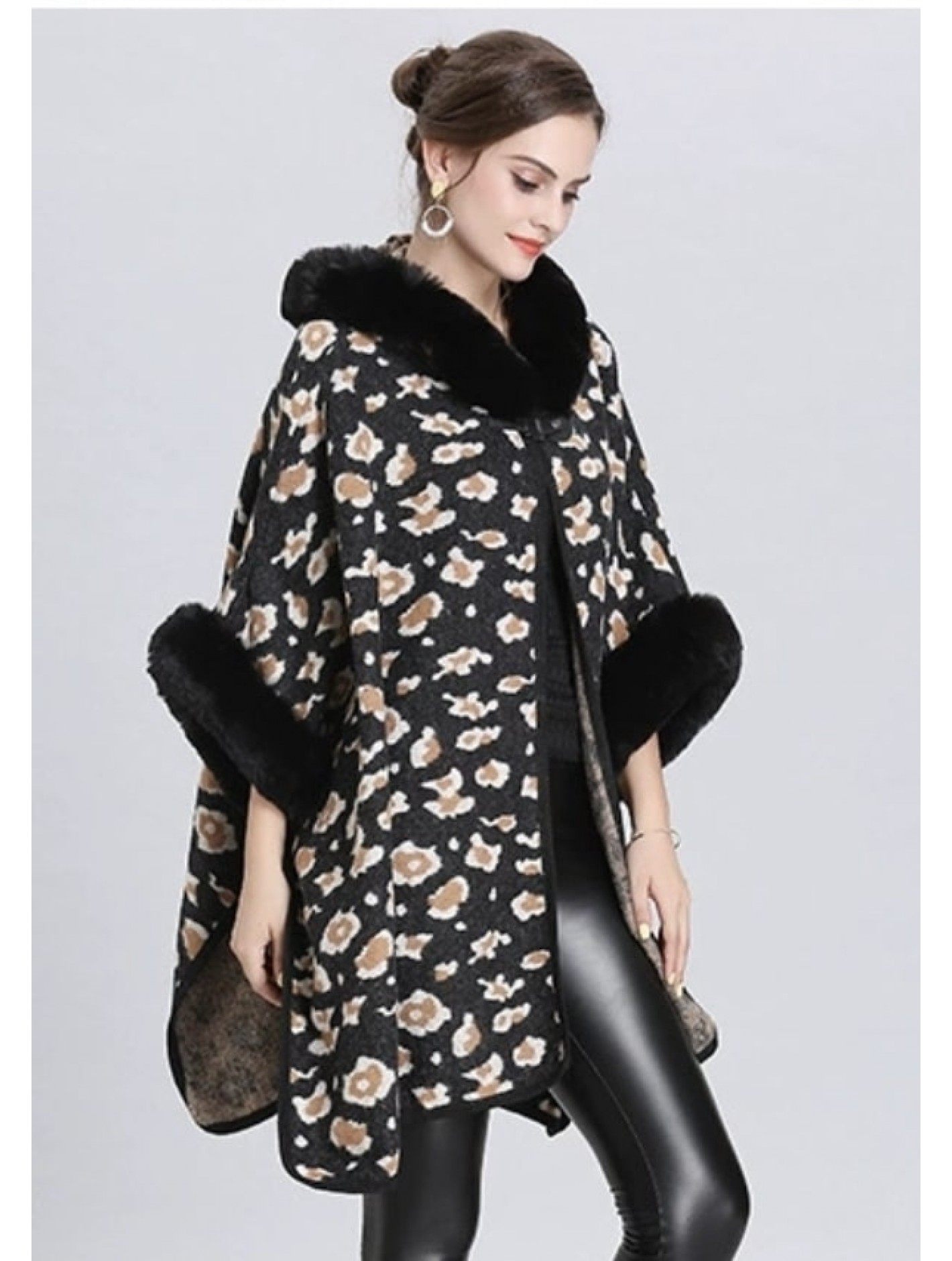 Soft Leopard Print Cape W/ Fur Detailing