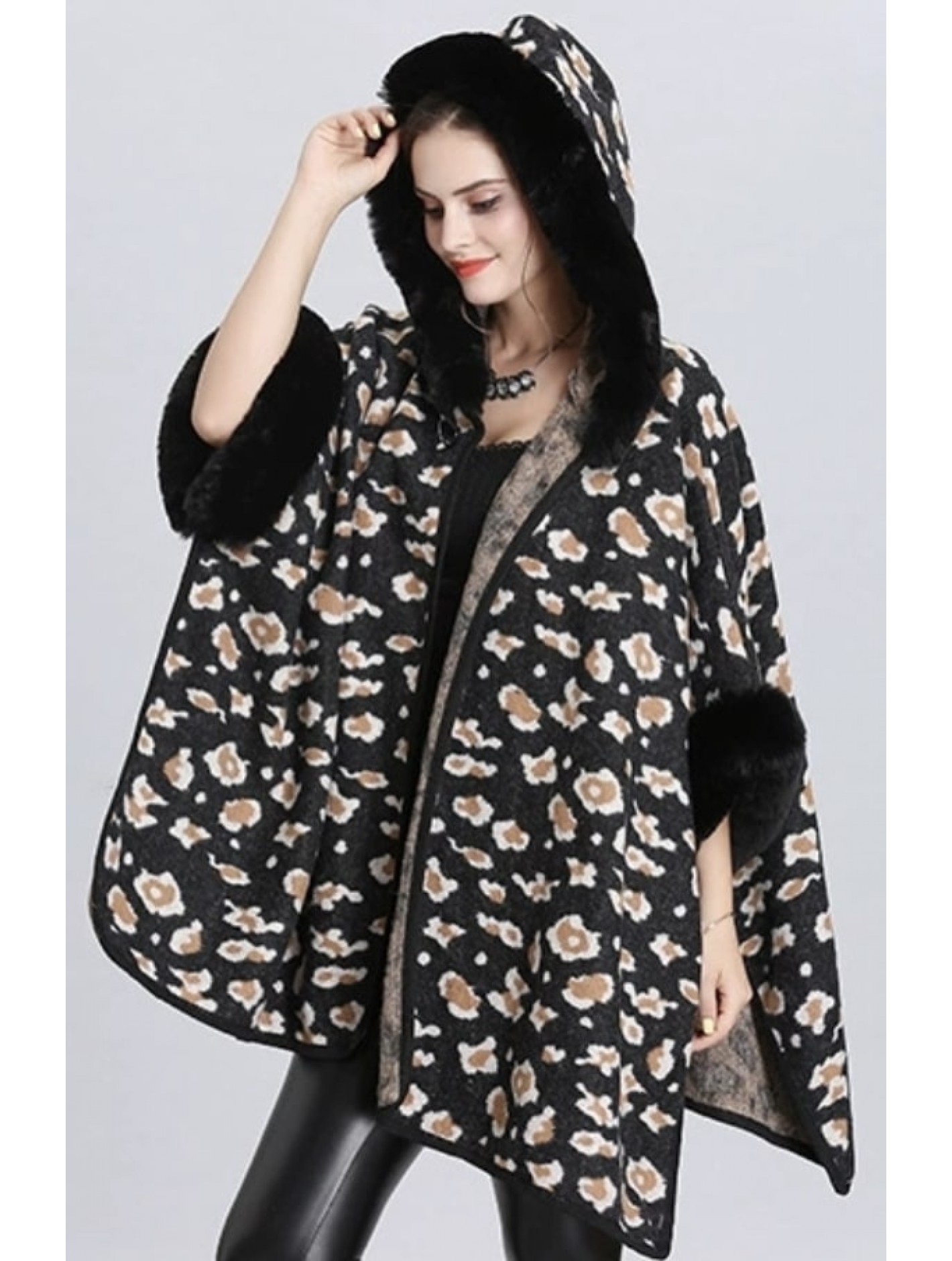 Soft Leopard Print Cape W/ Fur Detailing