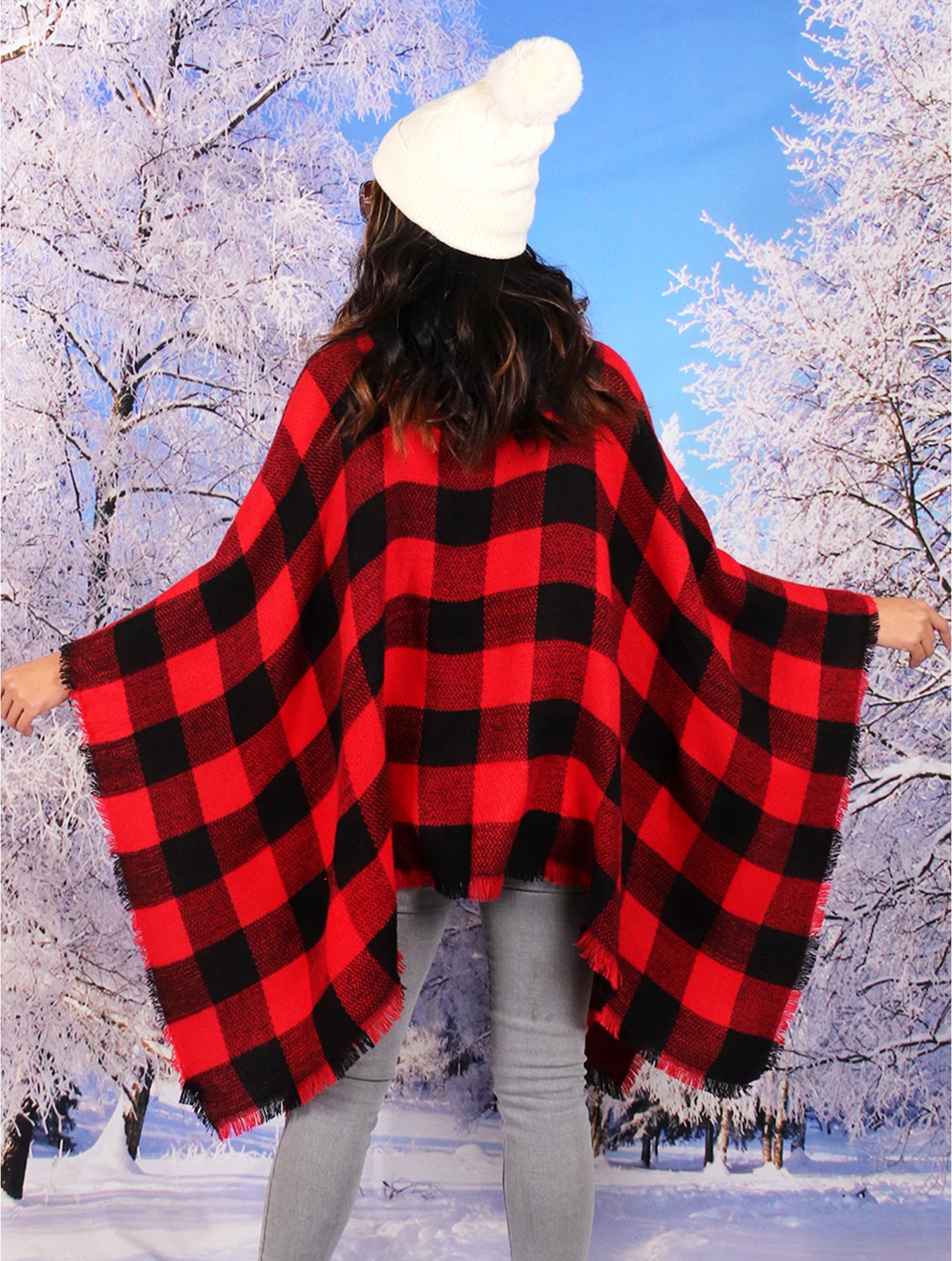 Loose Turtle Neck Plaid Poncho W/ Soft Frayed Ends