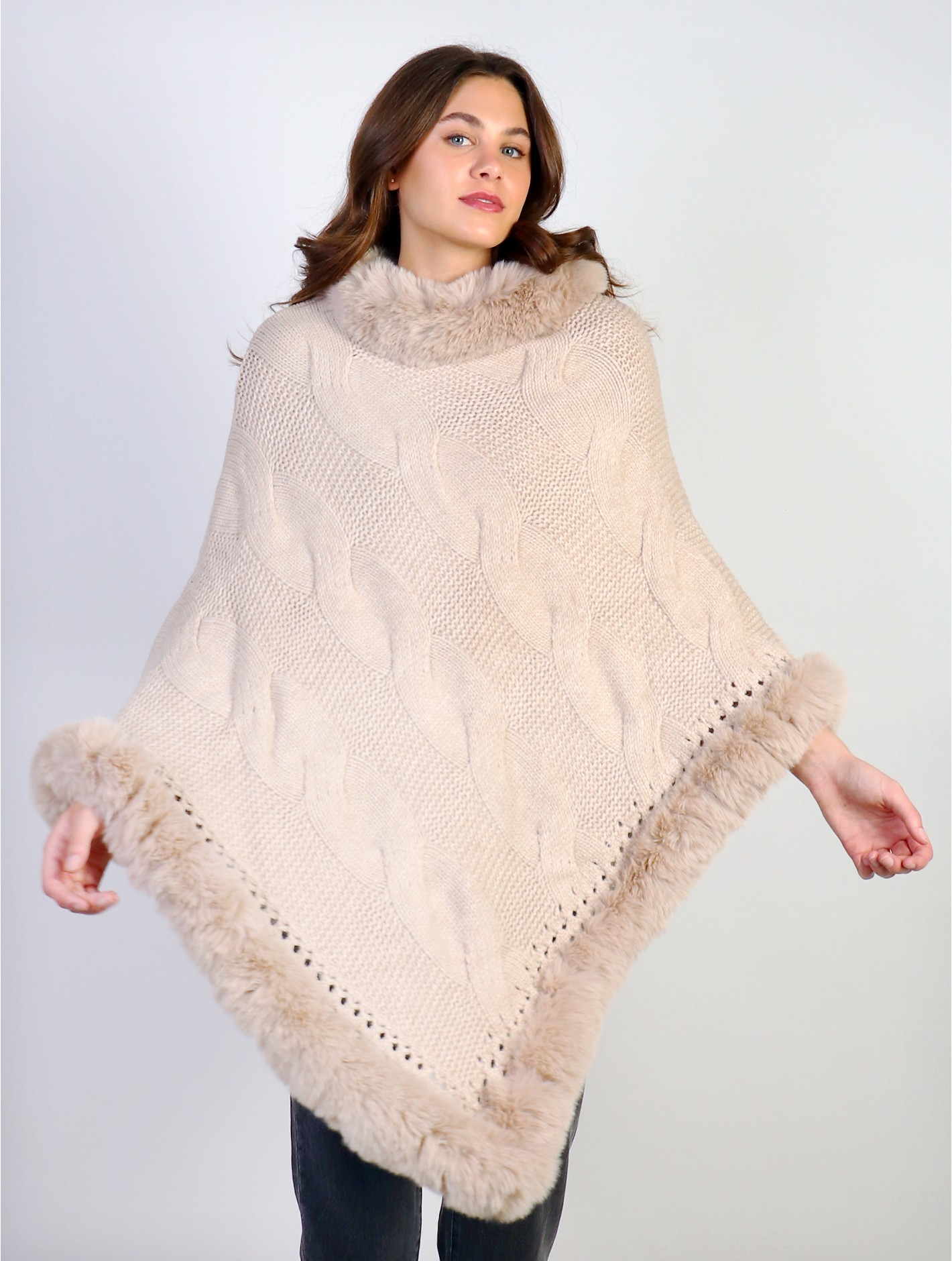 Solid Color Knitted Poncho W/ Fur Collar & Trim
