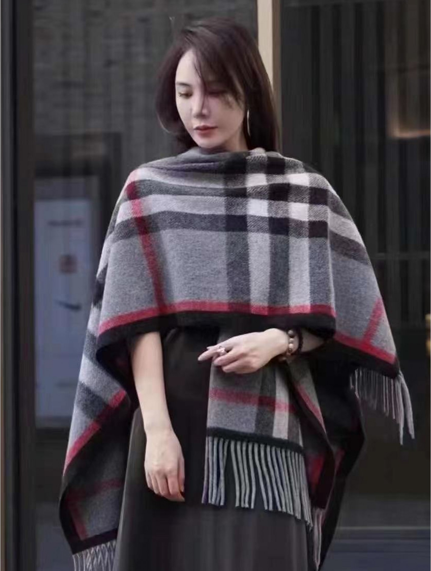 Designer Plaid Cape W/ Fringes