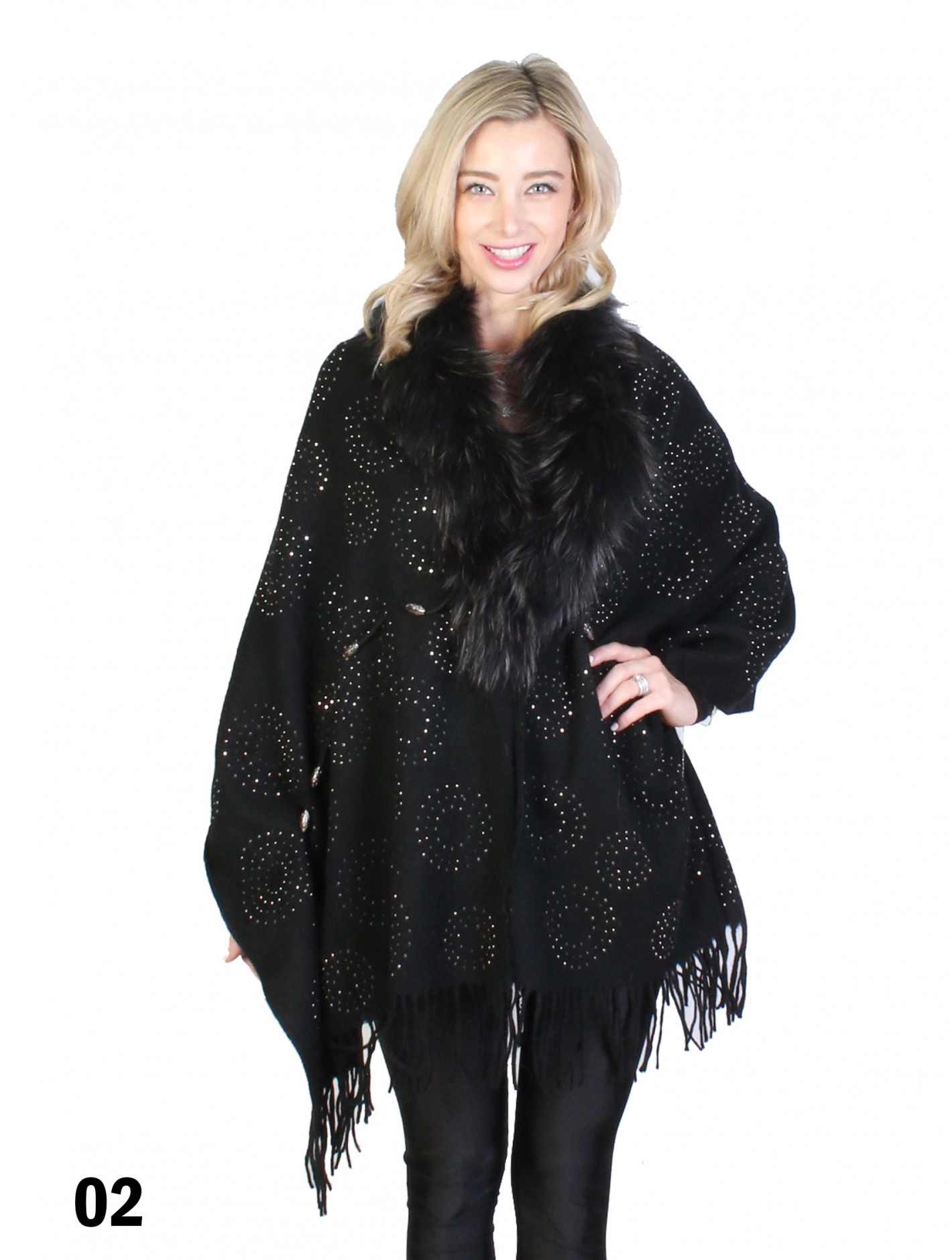 Wool Cape W/ Faux Fur and Rhinestones