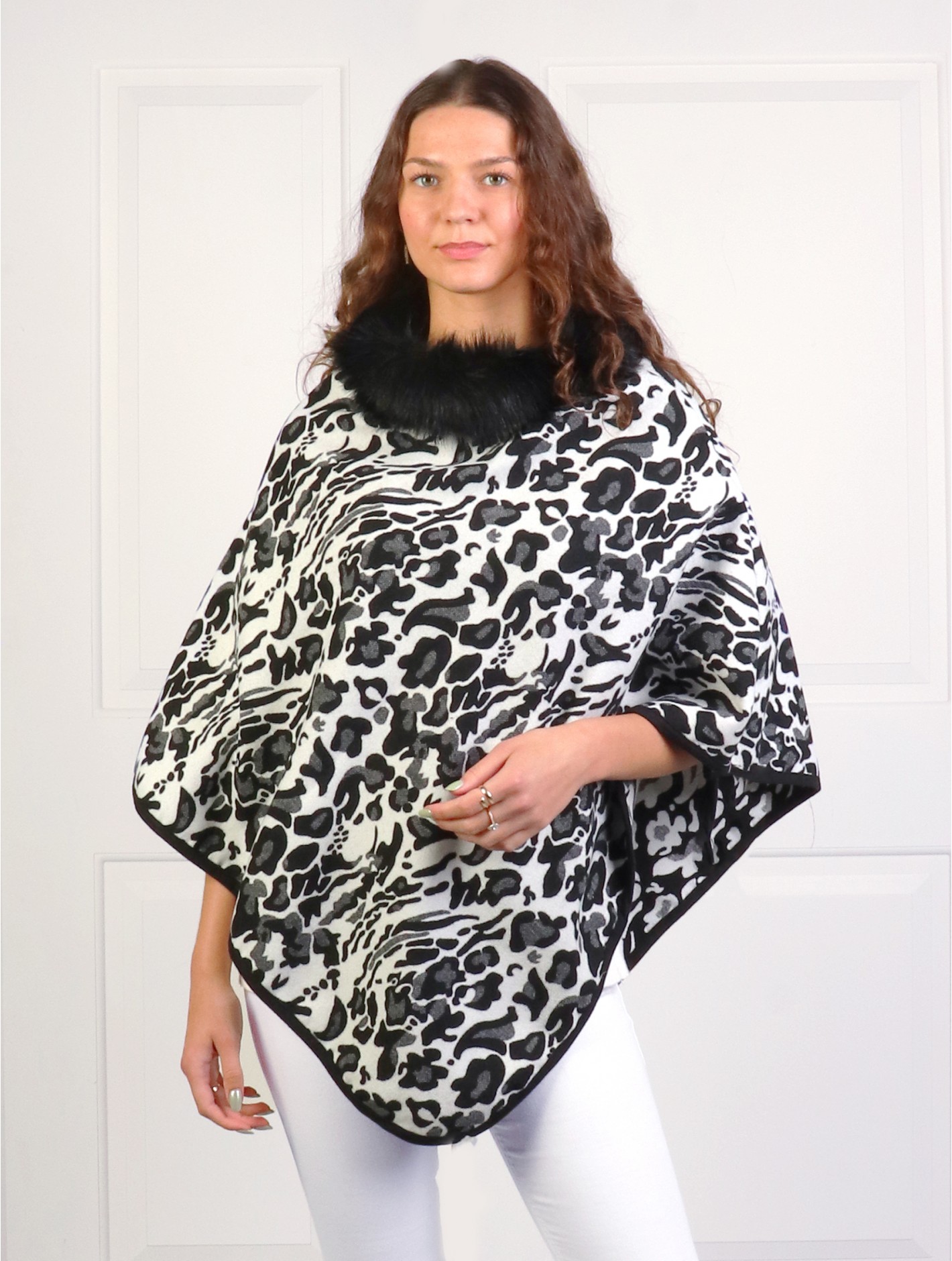 Black & White Leopard Print Poncho W/ Fur Collar