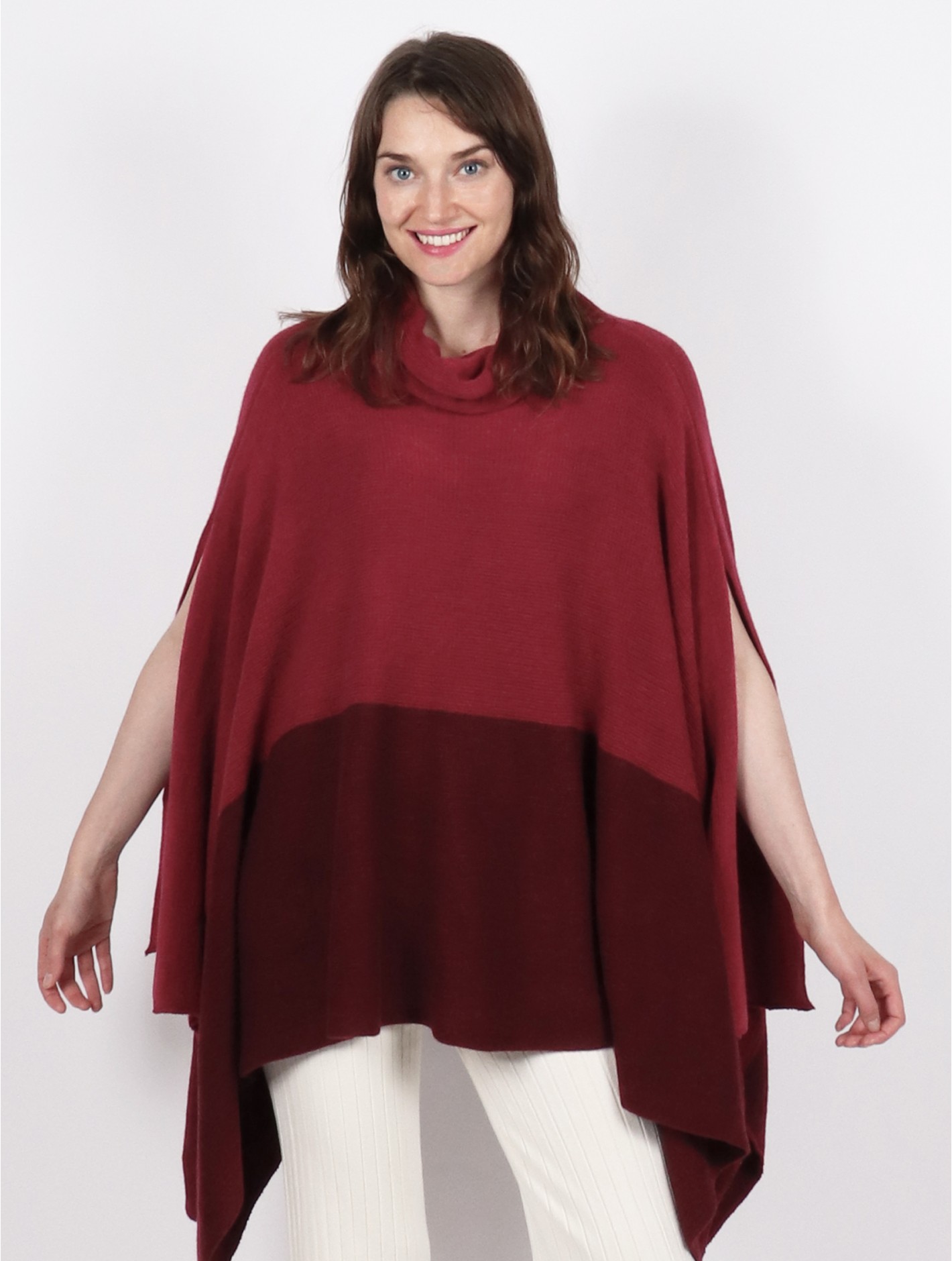 Super Soft Turtle Neck Side Slit Two-Tone Poncho