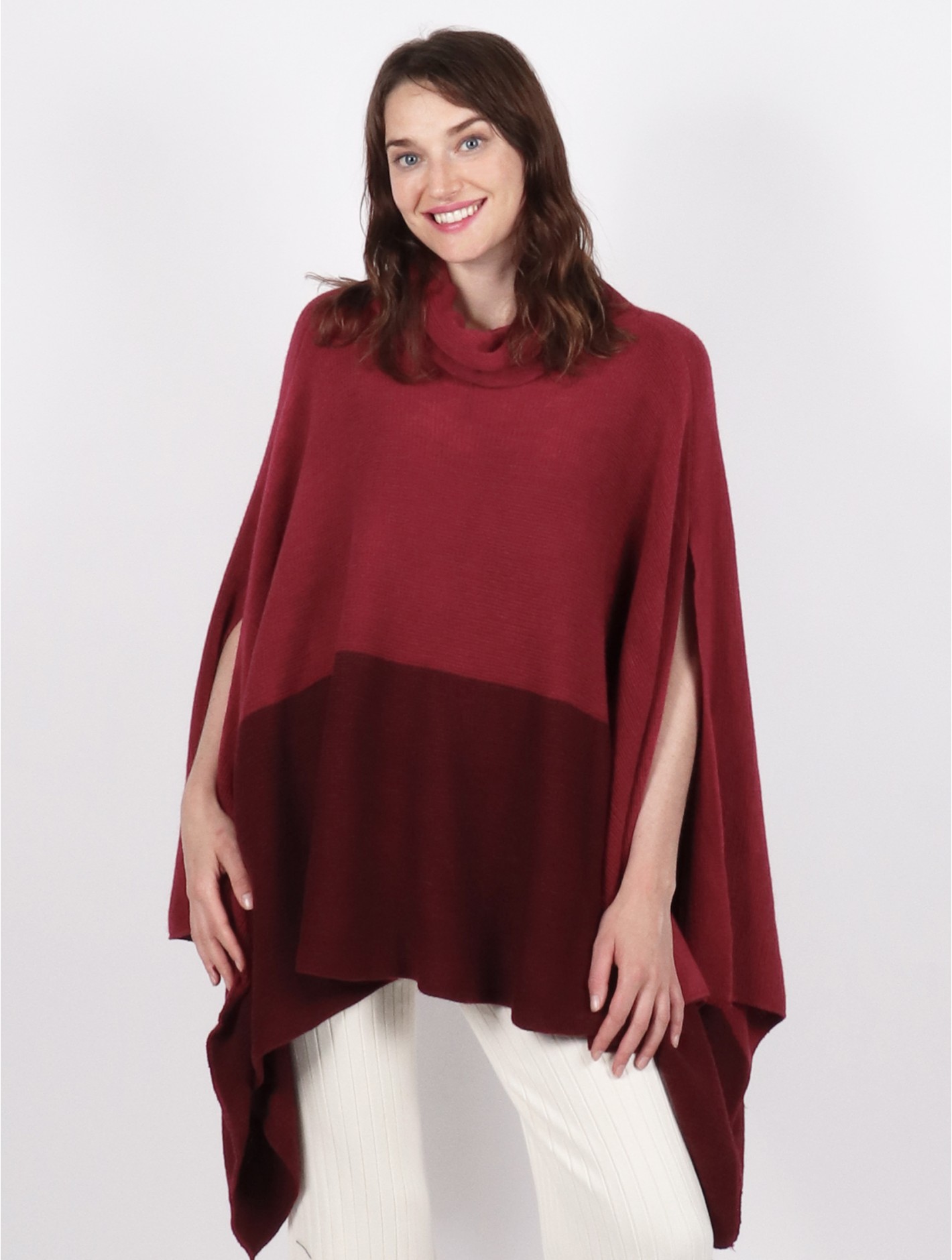Super Soft Turtle Neck Side Slit Two-Tone Poncho