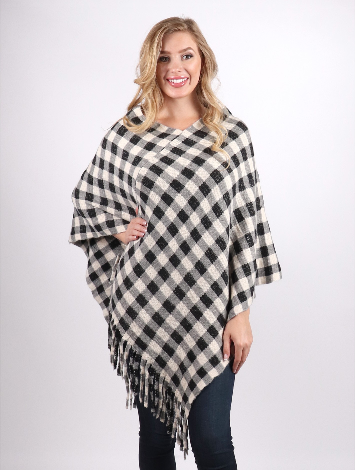 Plaid Patterned Poncho W/ fringes
