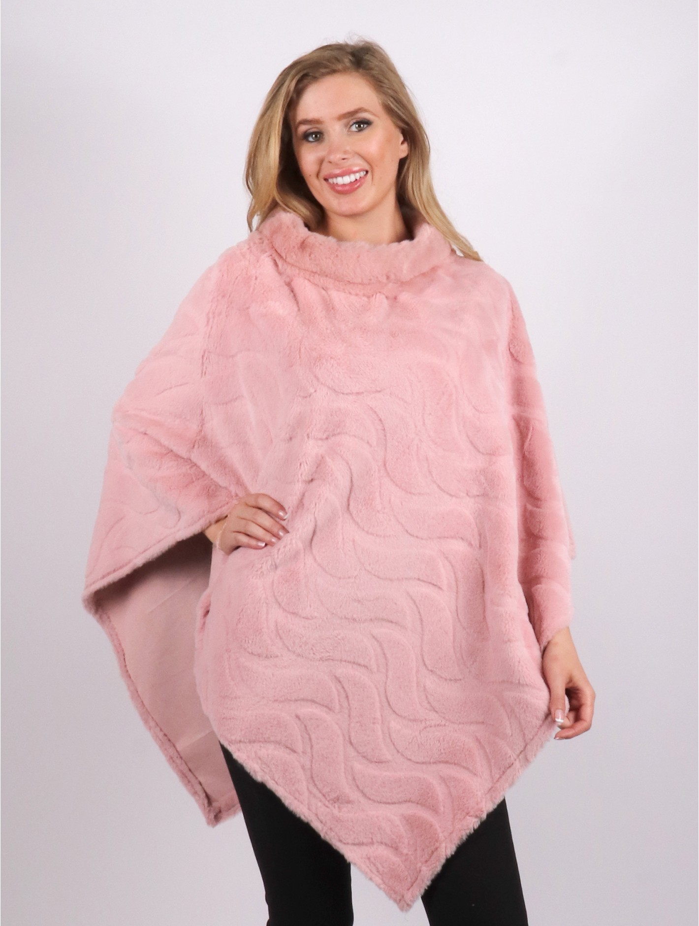 Soft Faux Fur Poncho W/ Wave Pattern