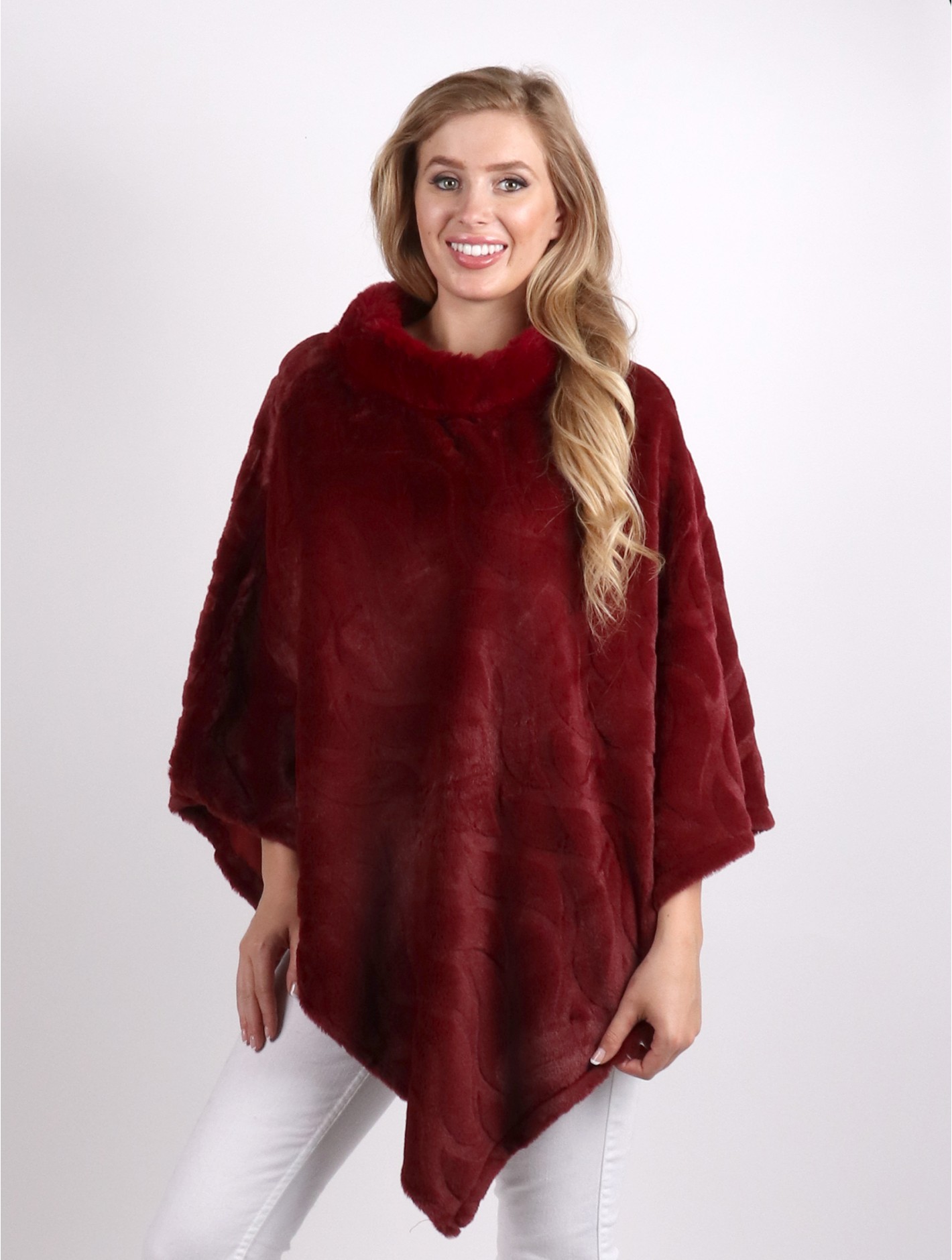 Soft Faux Fur Poncho W/ Wave Pattern