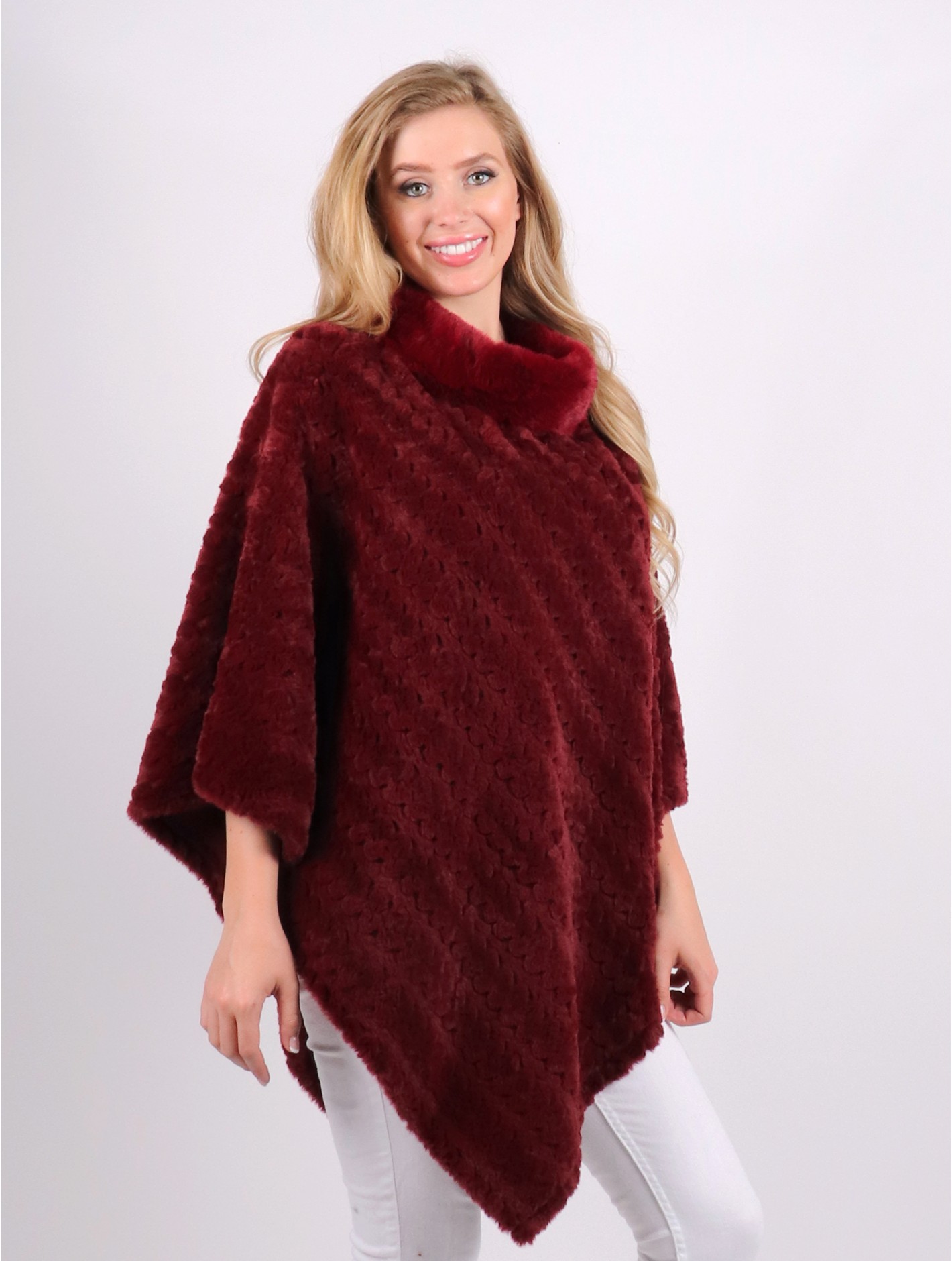 Soft Faux Fur Poncho W/ Weave Pattern