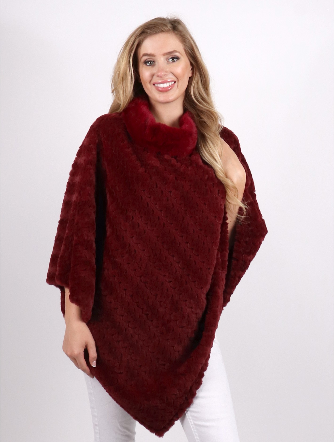 Soft Faux Fur Poncho W/ Weave Pattern