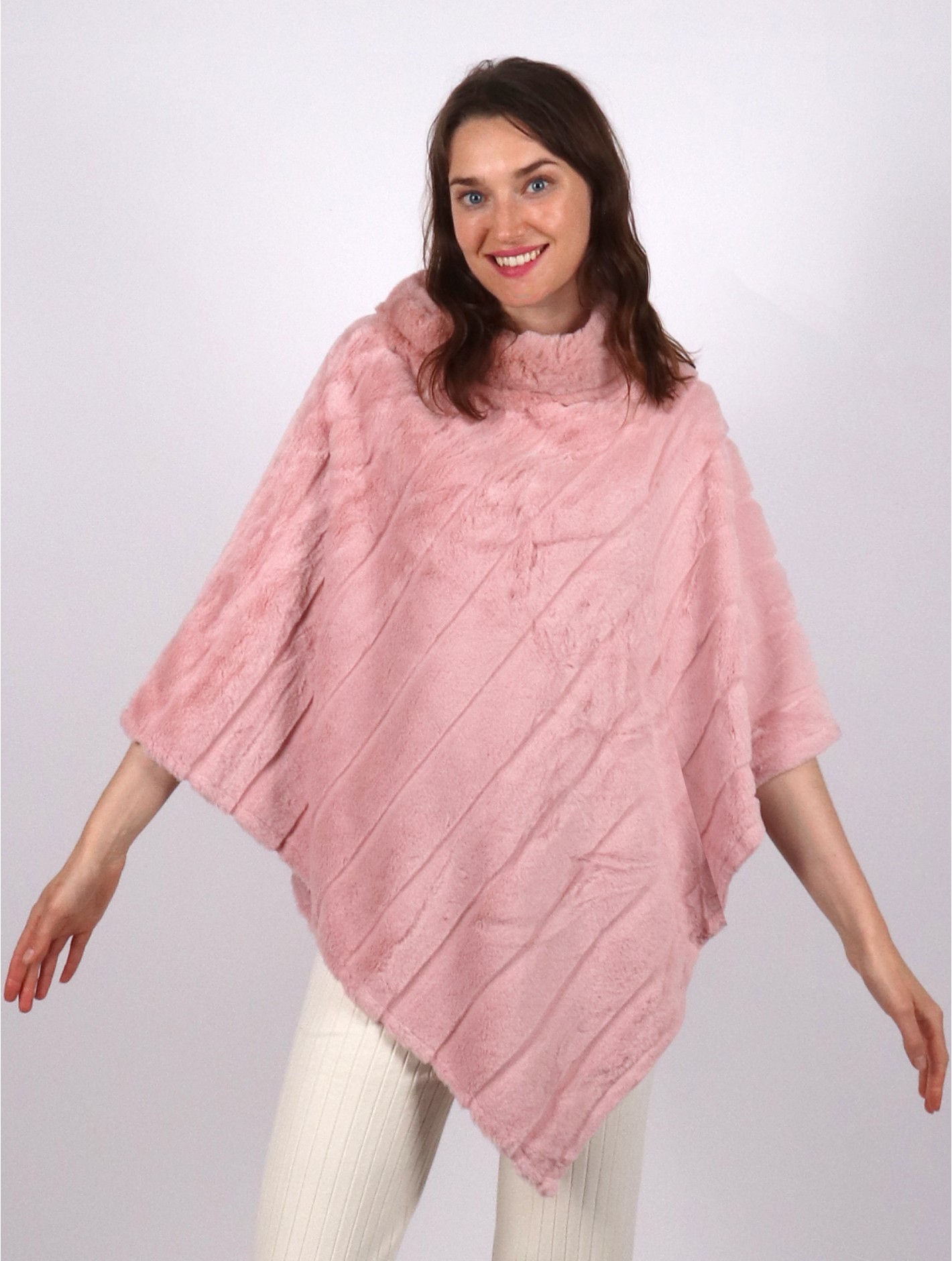 Soft Faux Fur Poncho W/ Diagonal Pattern