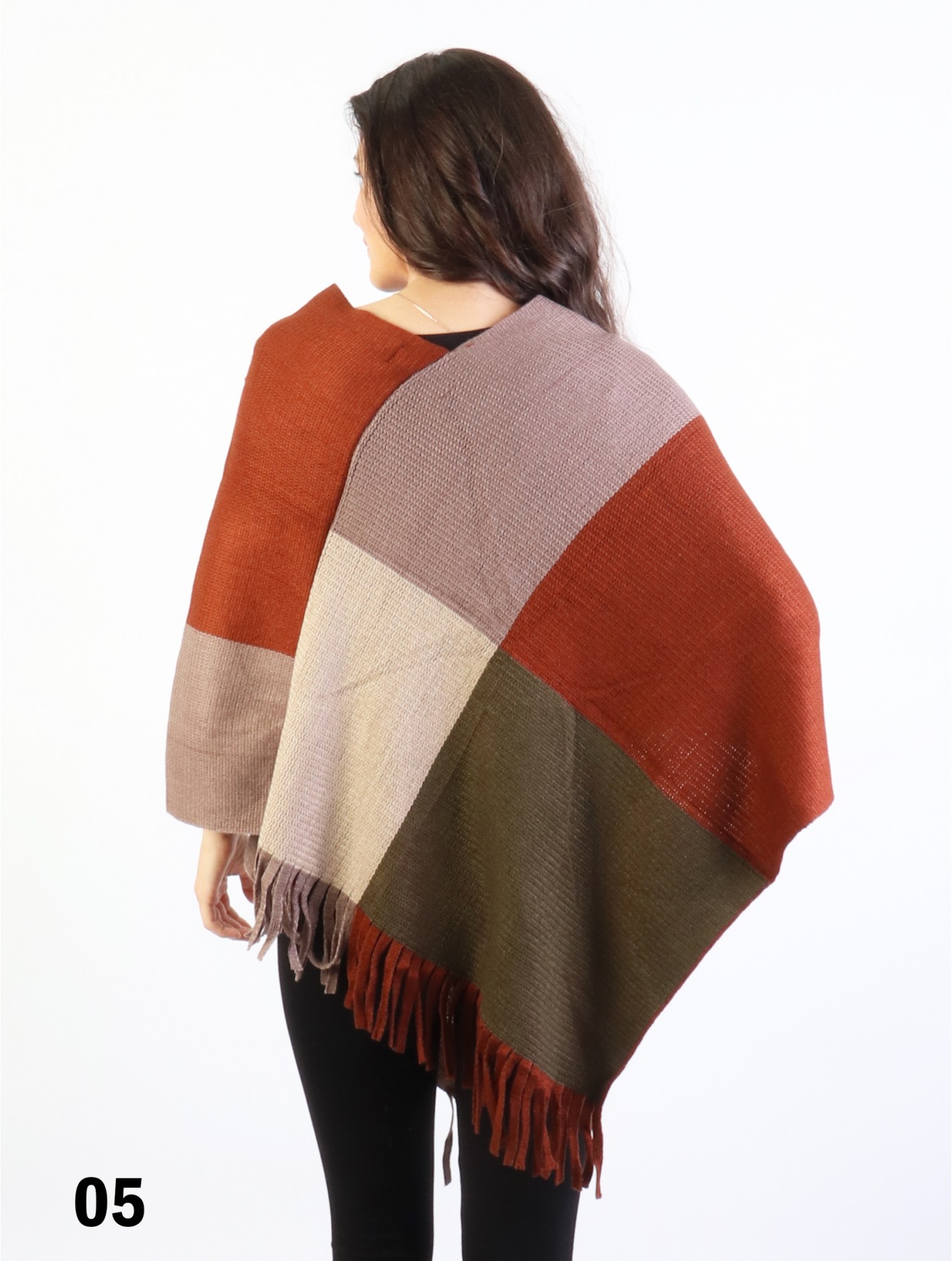 Color Block Poncho W/ Fringes