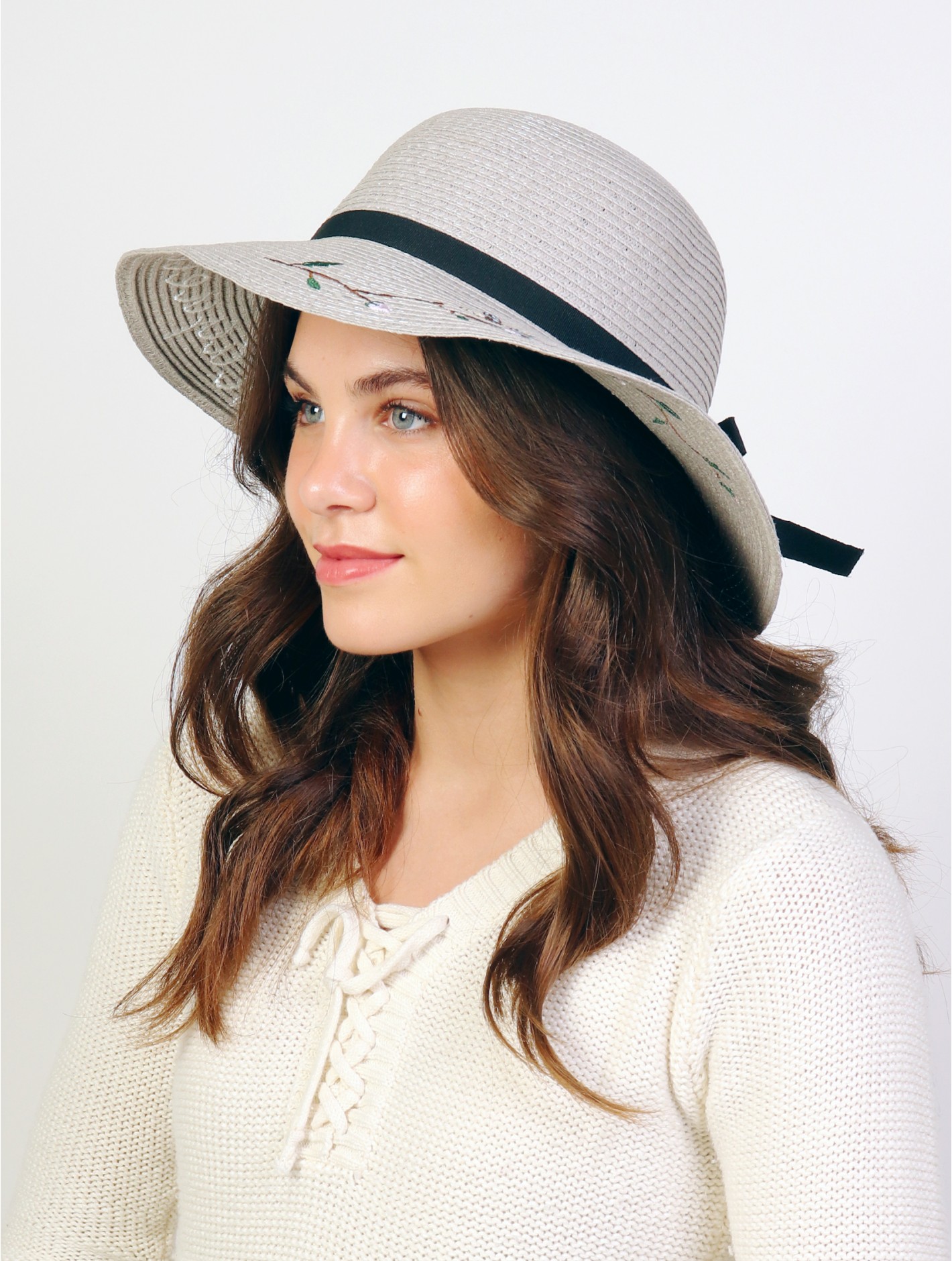 Wide Brim Summer Hat W/ Ribbon Bow and Bee pattern