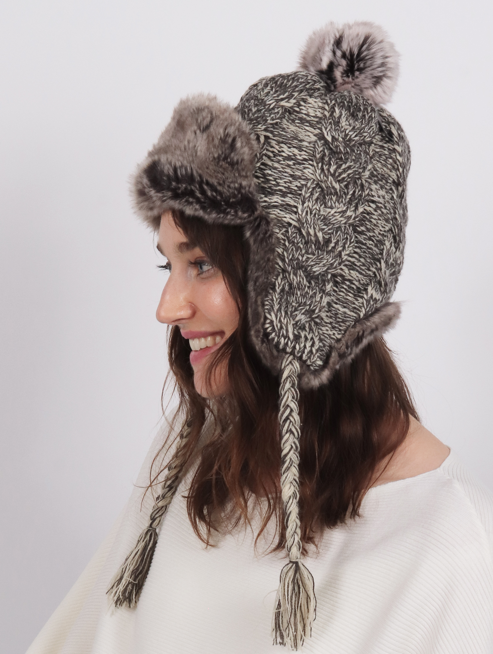 Warm Fur Cable Knitted Hat W/ Ear Flaps & Cable Tassels