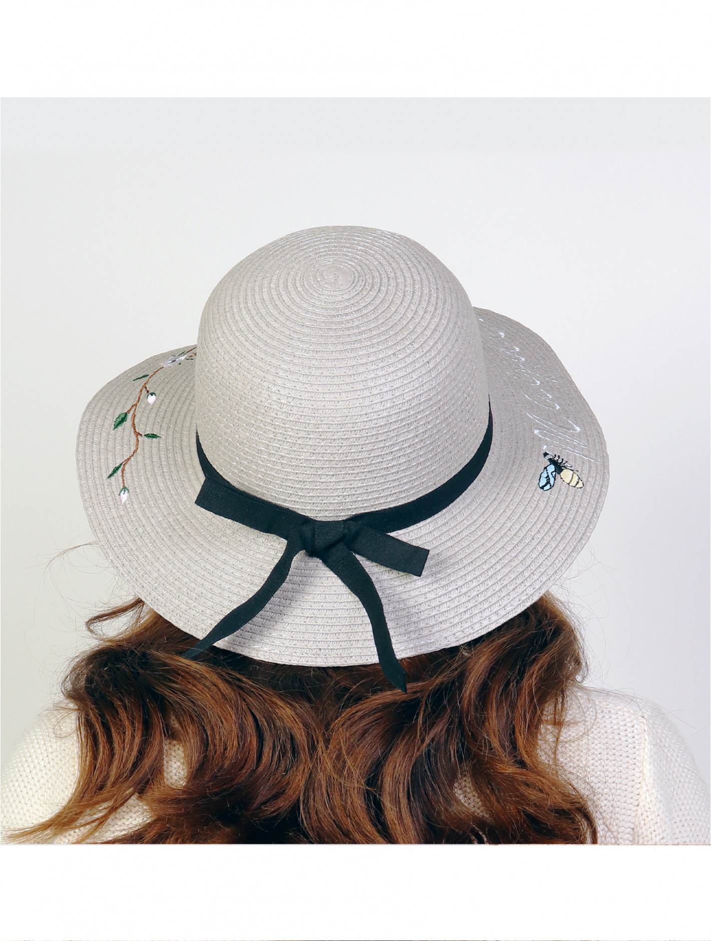 Wide Brim Summer Hat W/ Ribbon Bow and Bee pattern