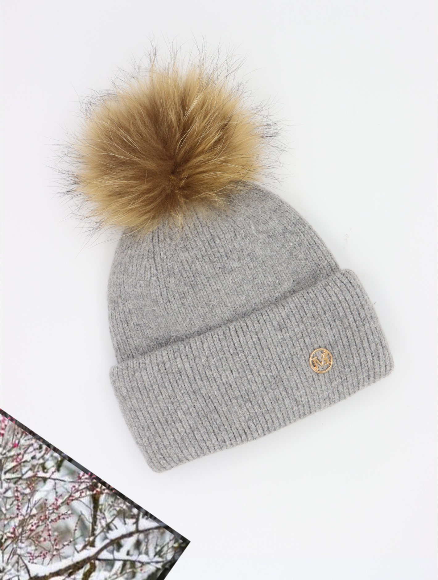 Cashmere Feeling Knitted Insulated Hat W/ Fur Pom Pom