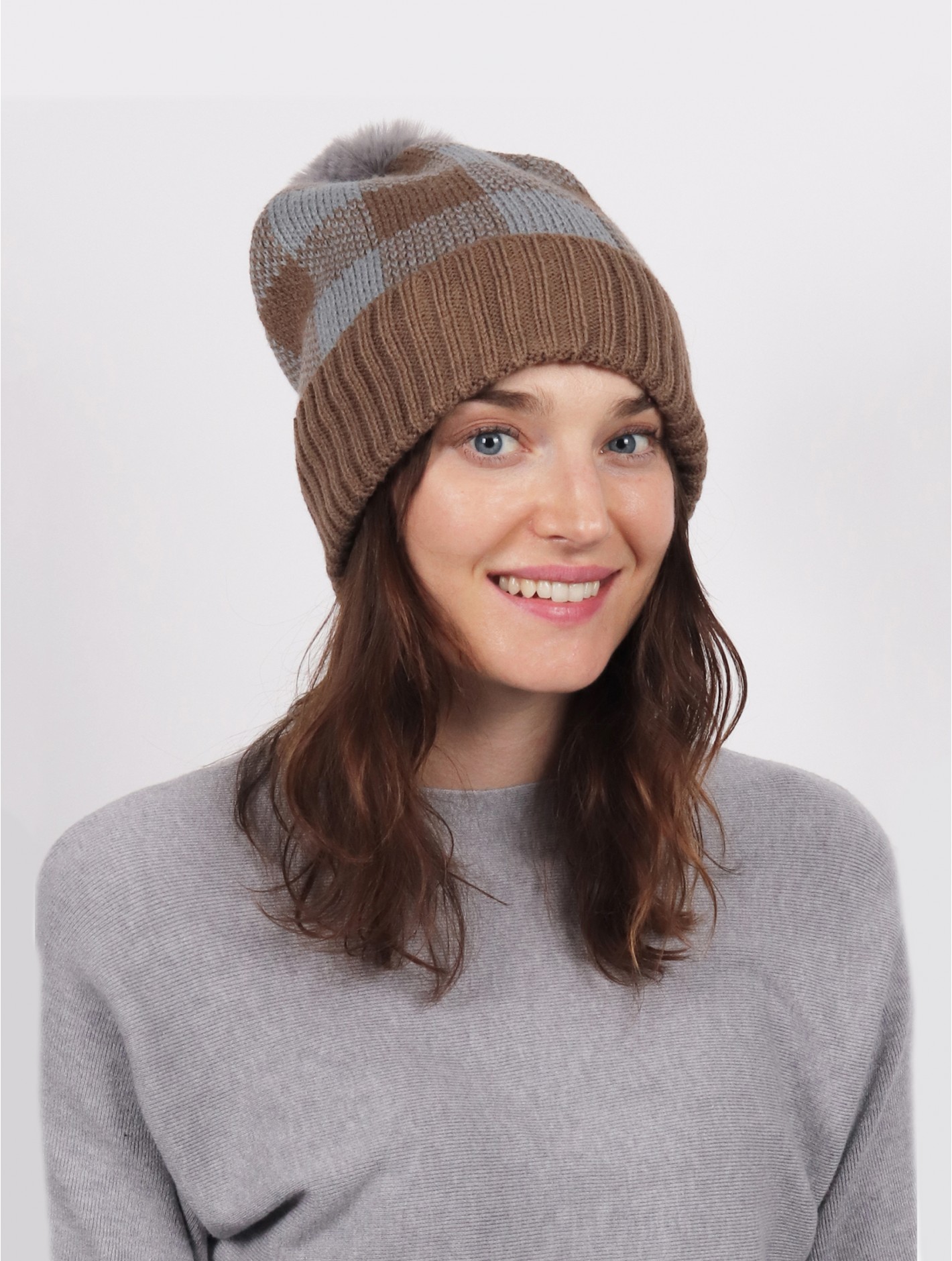 Canadiana Knitted Buffalo Checker Hat W/ Pom Pom