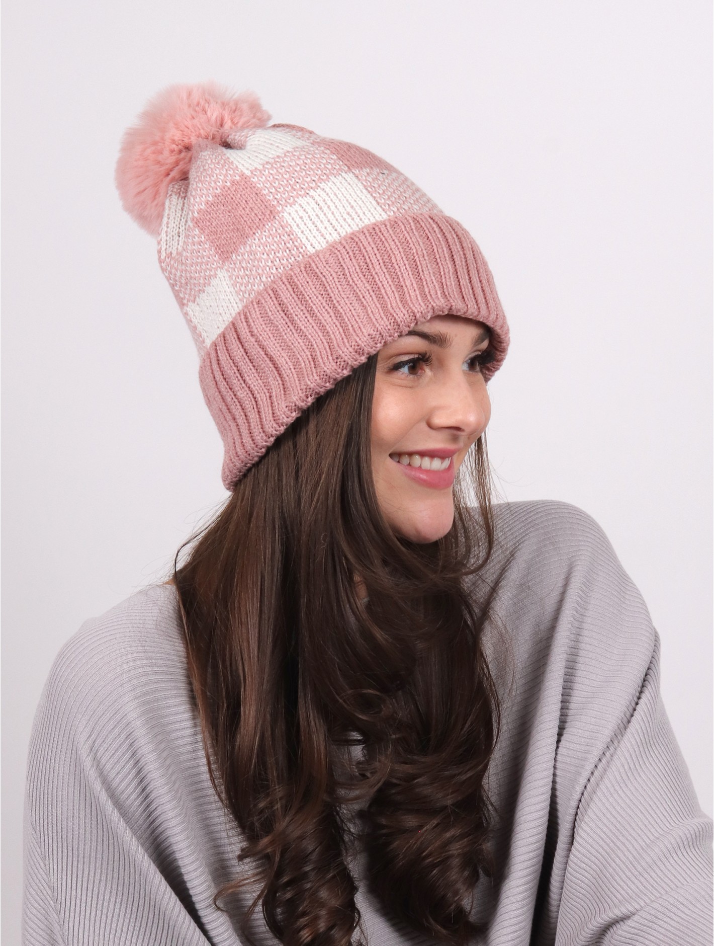 Canadiana Knitted Buffalo Checker Hat W/ Pom Pom