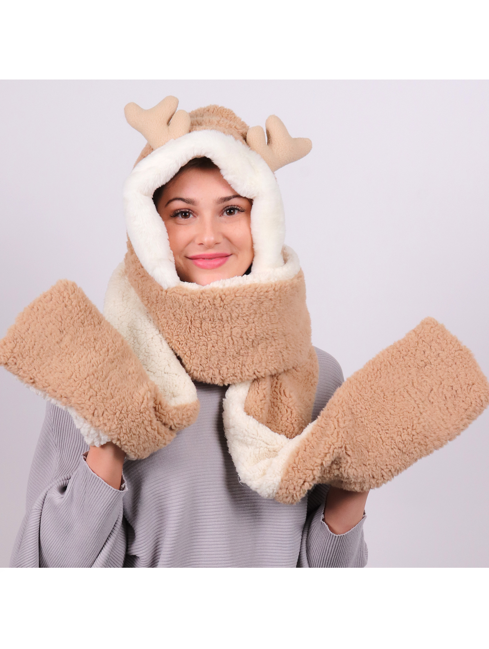 Plush Multi-functional Matching Set ( Scarf, Reindeer Hat & Mitts)