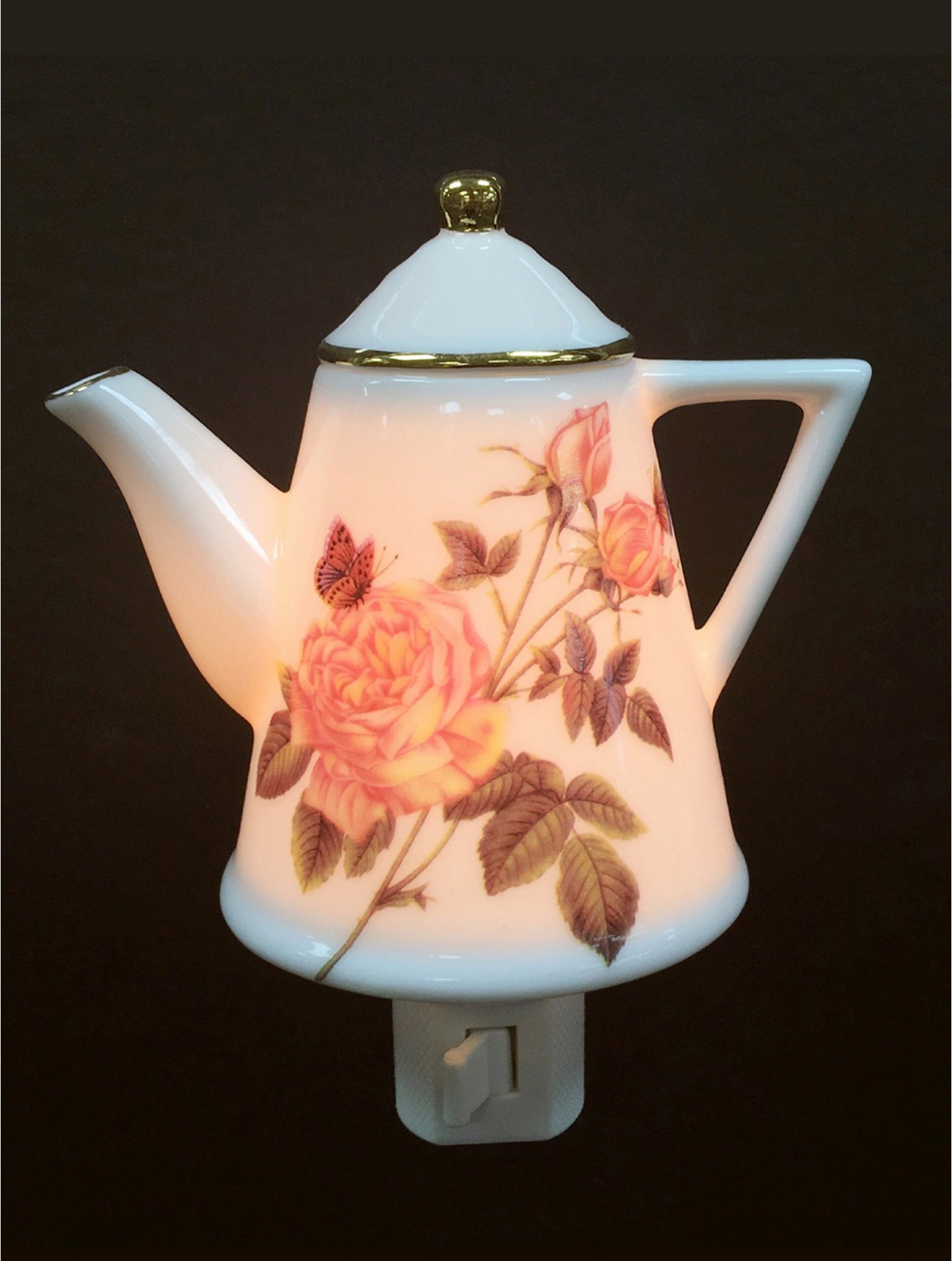 Porcelain Butterfly on Teapot Night Light with Gift Box
