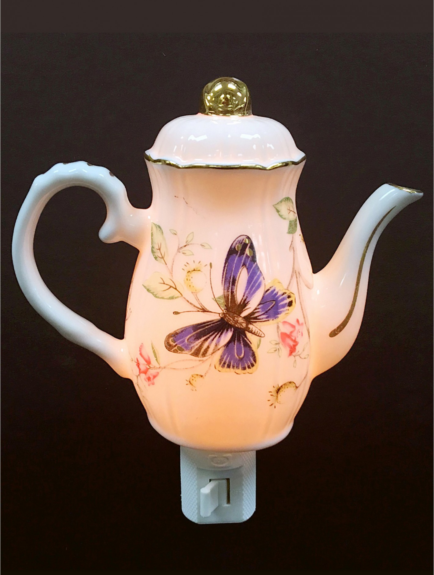Porcelain Butterfly on Teapot Night Light with Gift Box