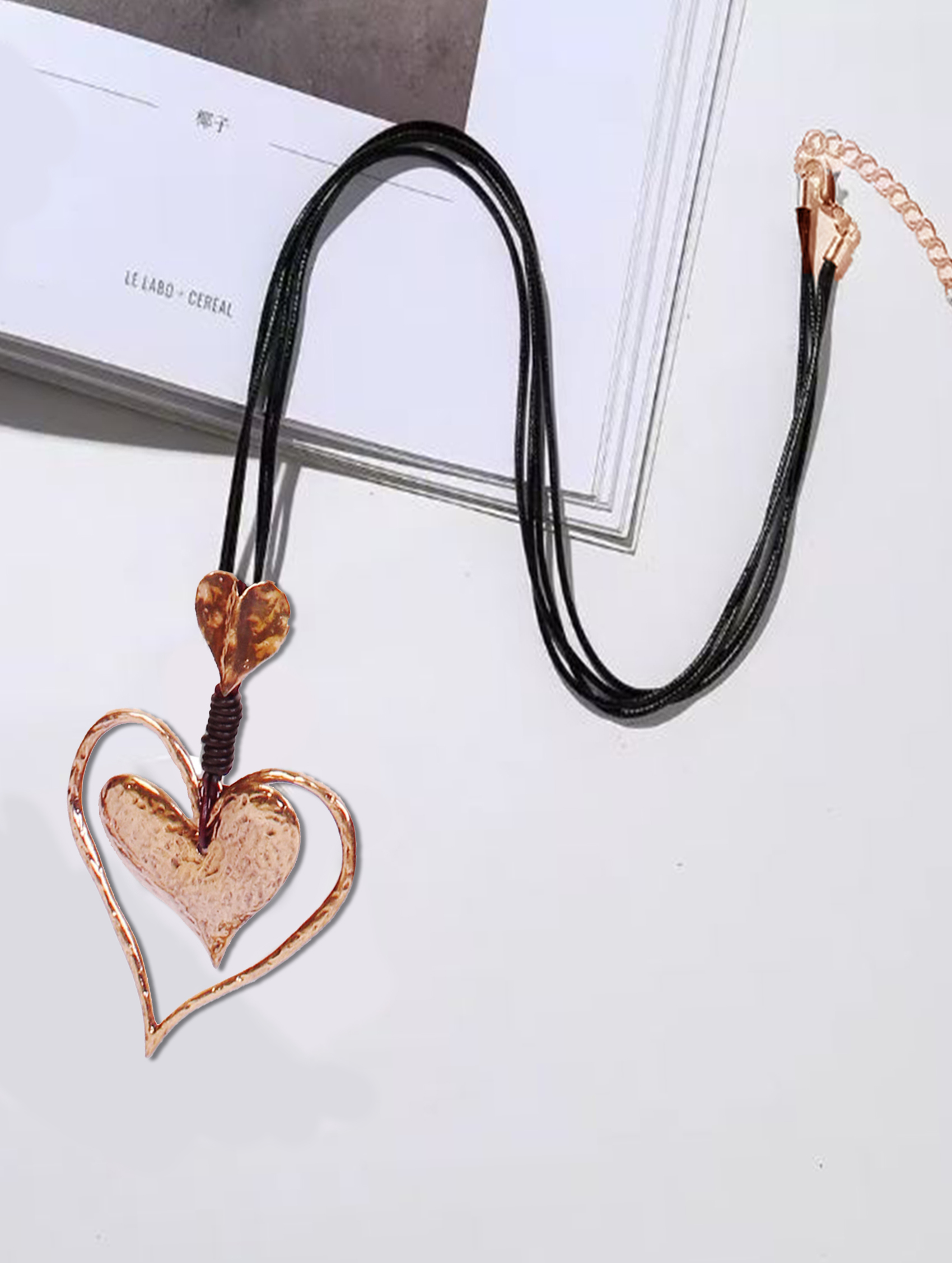 Rope Necklace W/ Double Heart & Knots Pendant