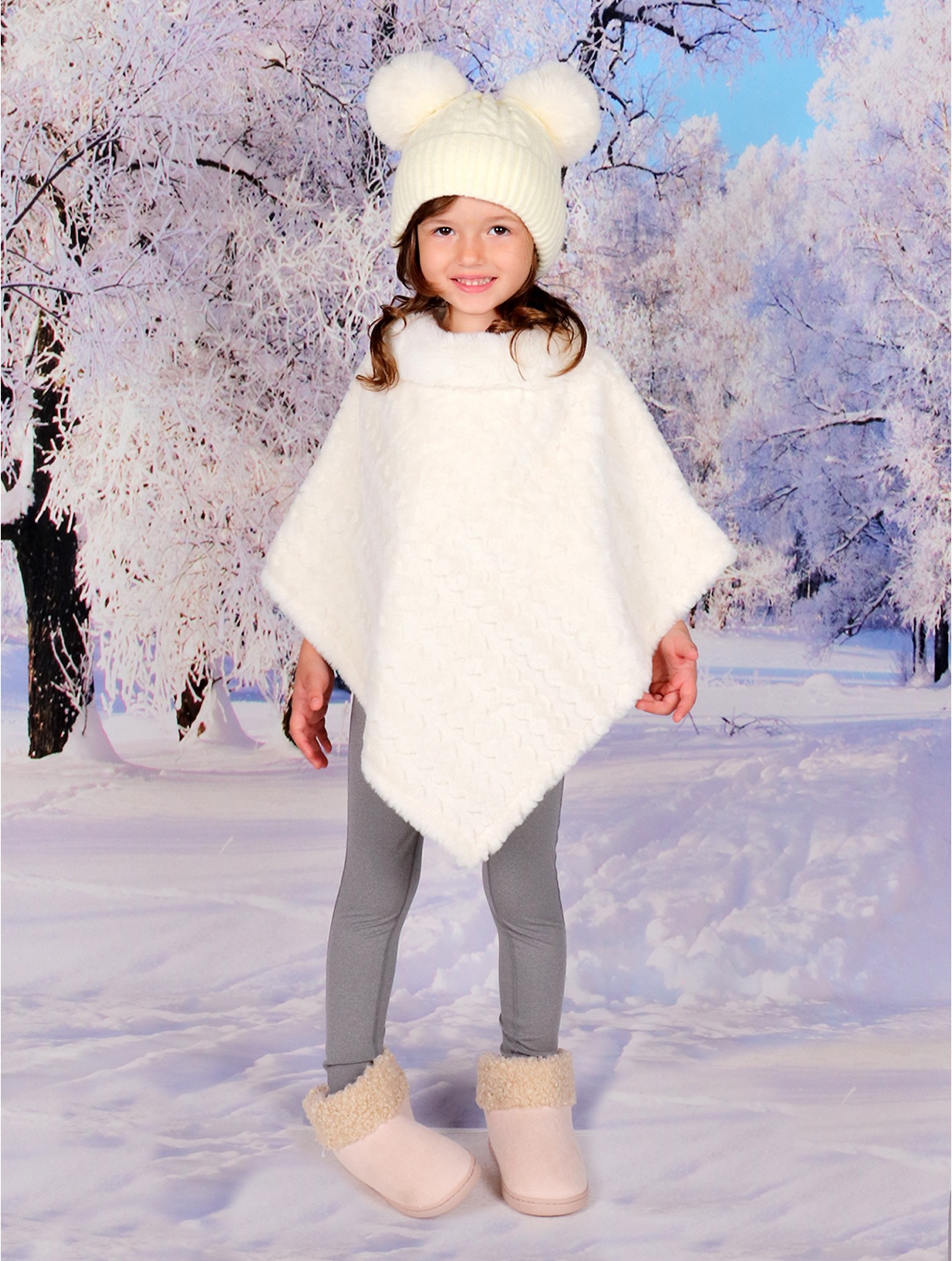 Kids Soft Faux Fur Poncho W/ Weave Pattern and Faux Fur Neckline (3-7 ...