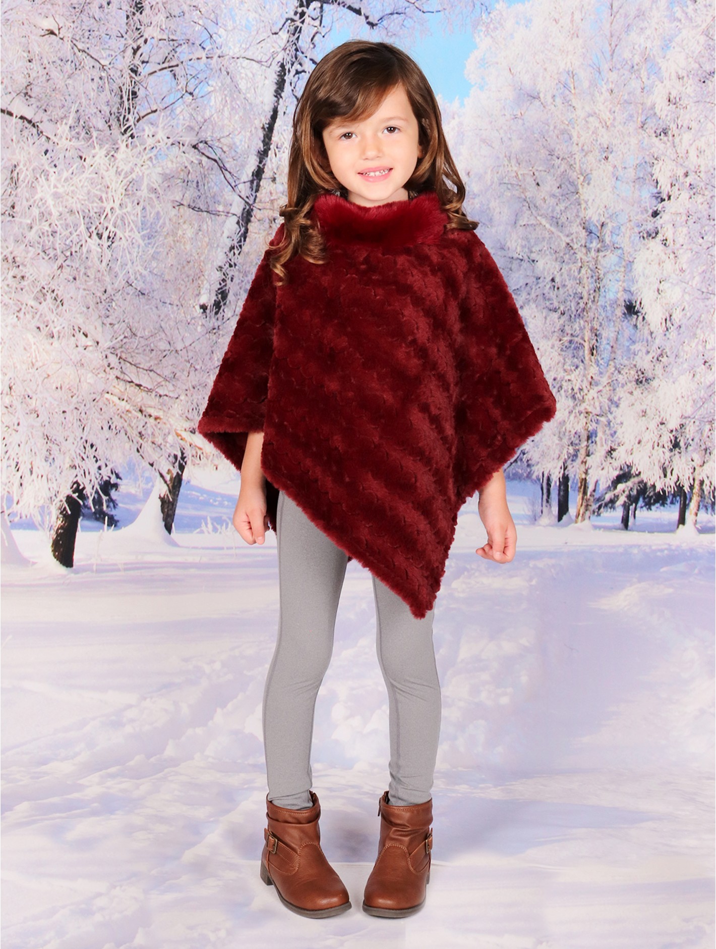 Kids Soft Faux Fur Poncho W/ Weave Pattern and Faux Fur Neckline (3-7 ...