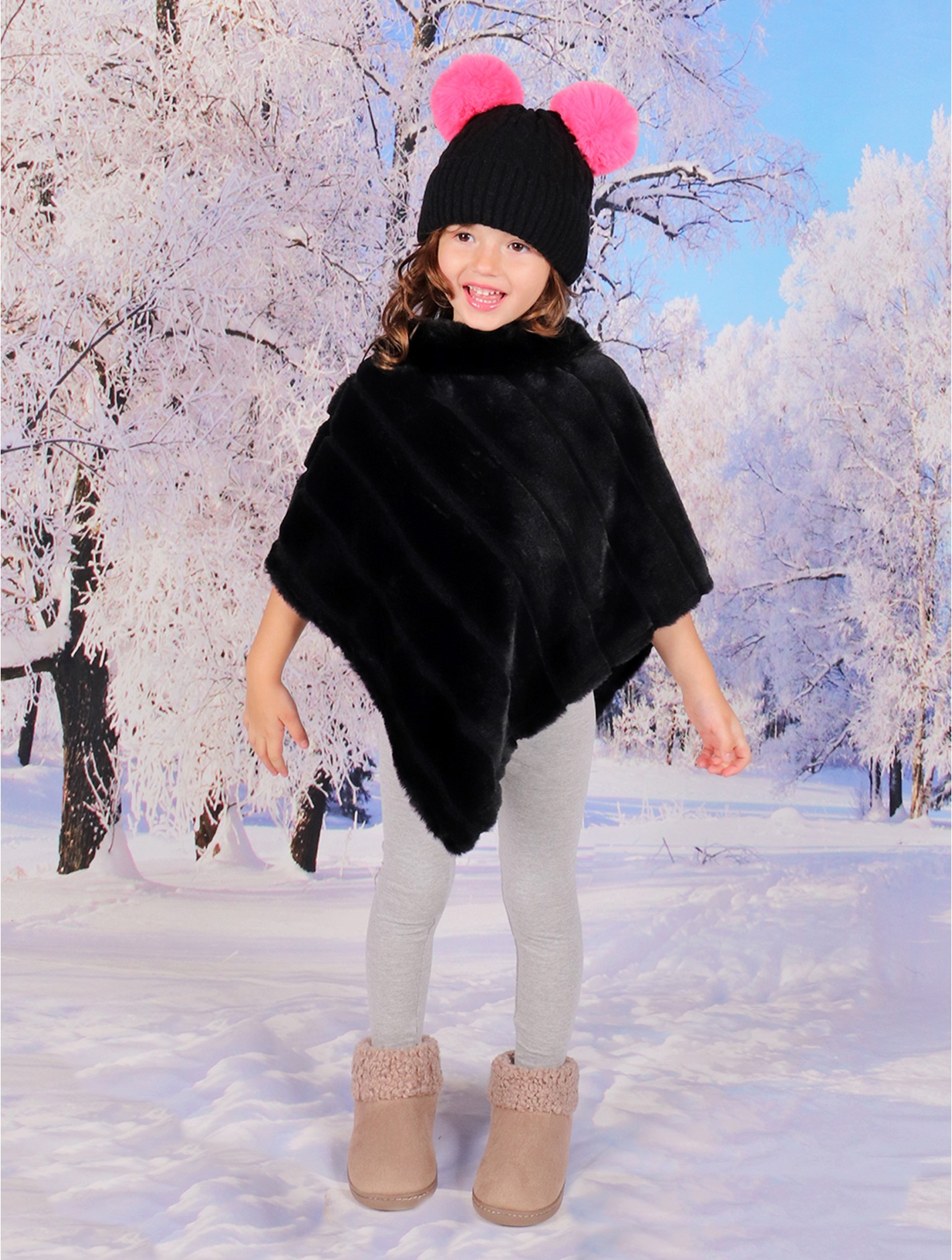 Kids Soft Faux Fur Poncho W/ Diagonal Pattern and Faux Fur Neckline (3 ...