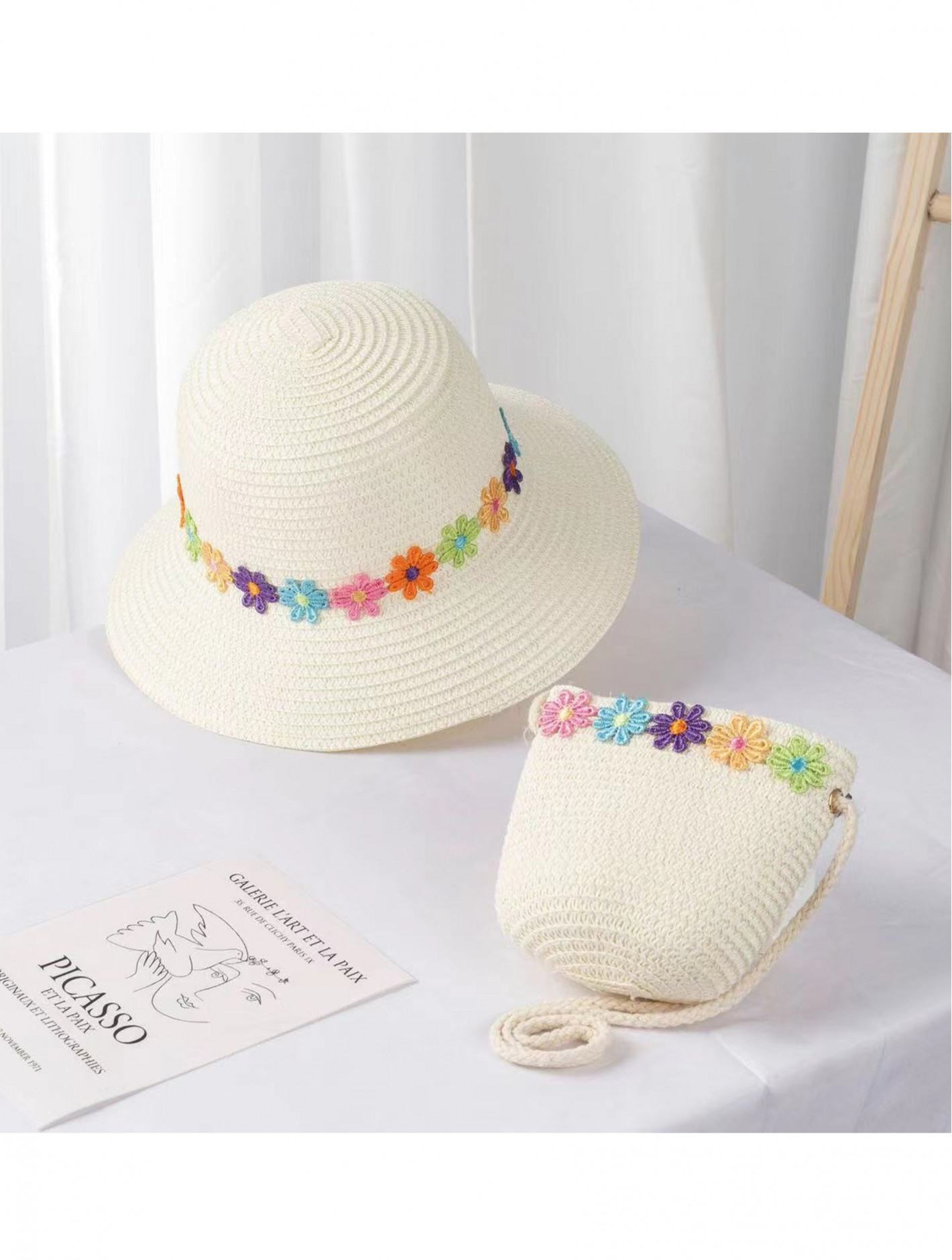 Adult and Kid Woven Sun Hat W/ Flowers Set