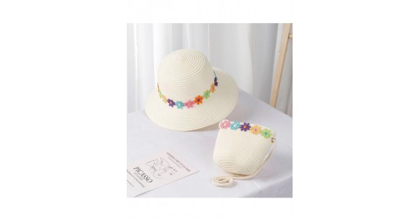 Adult and Kid Woven Sun Hat W/ Flowers Set