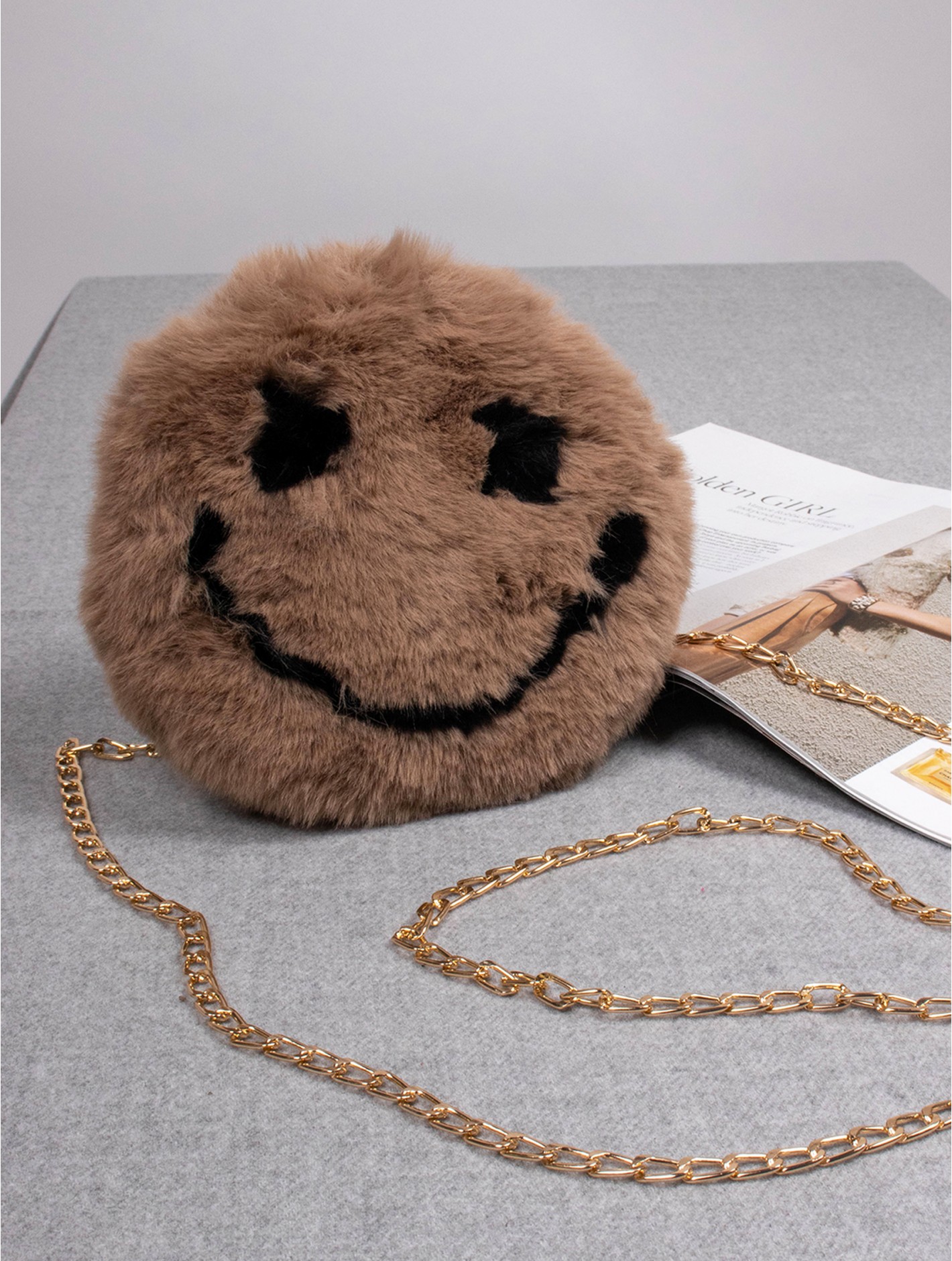 Smiley Face Plush Purse w/ Gold Chain
