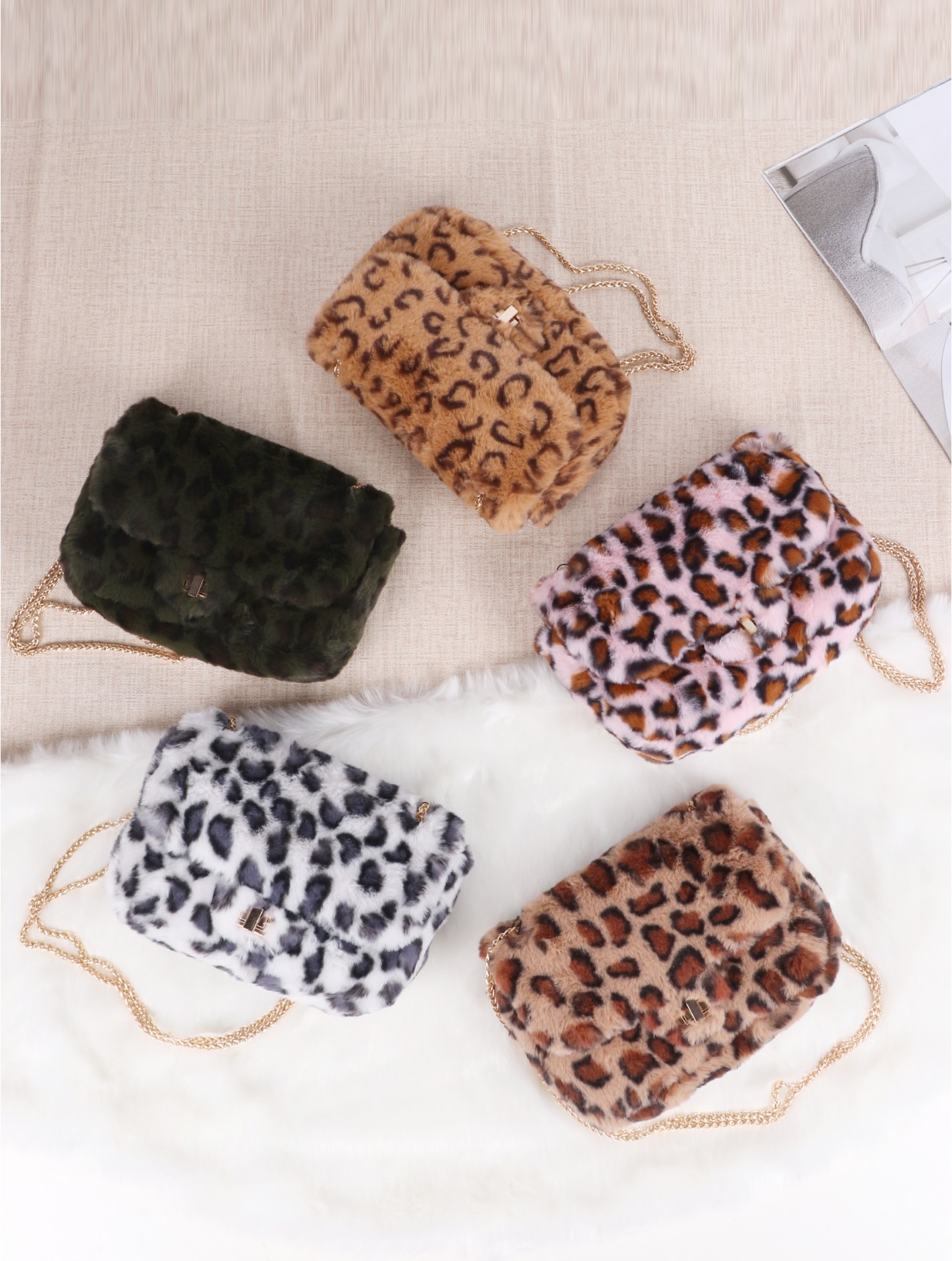 Leopard Print Plush Drawstring Purse