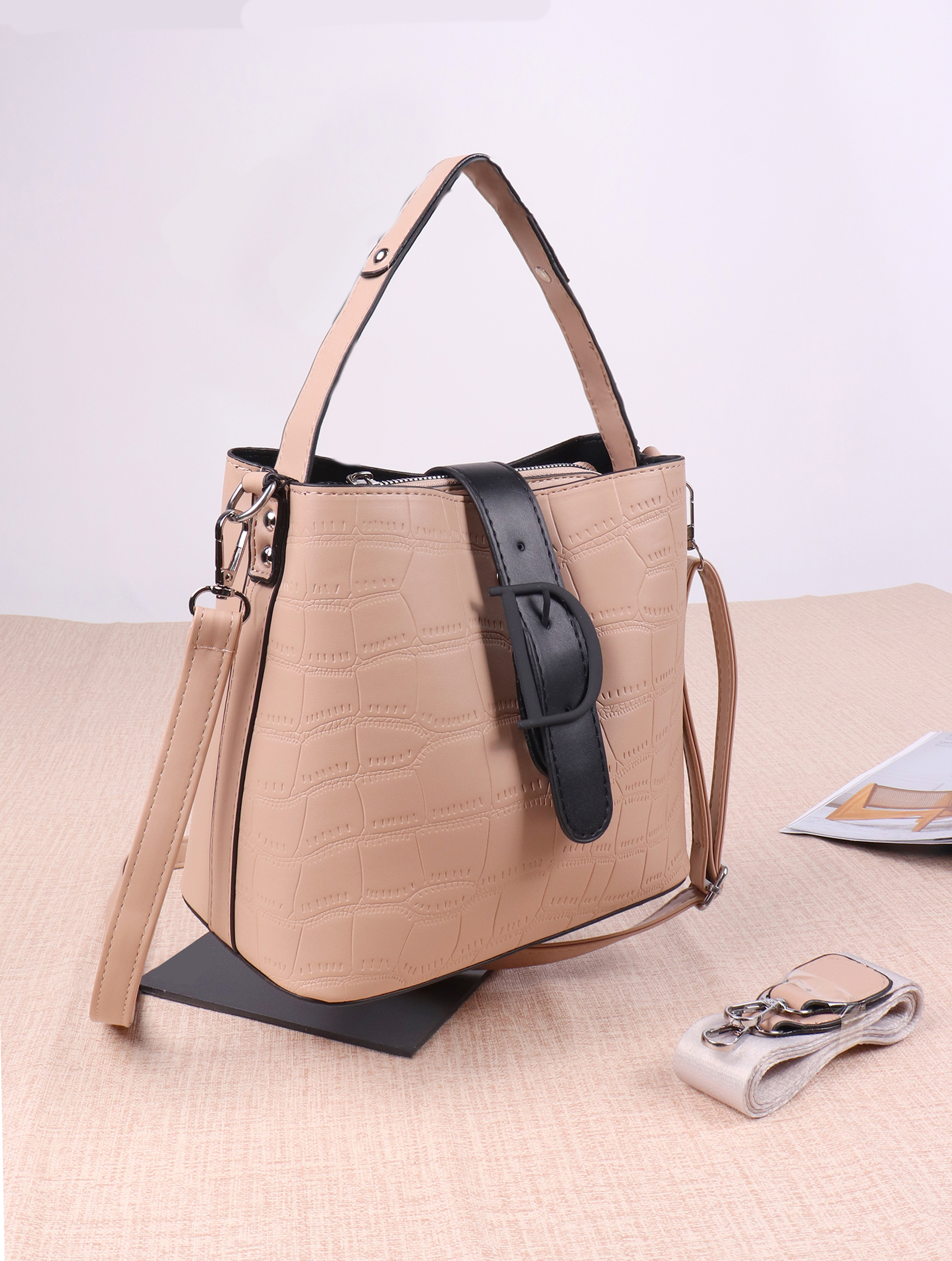 Faux Snake Skin Satchel Bag with Long Strap