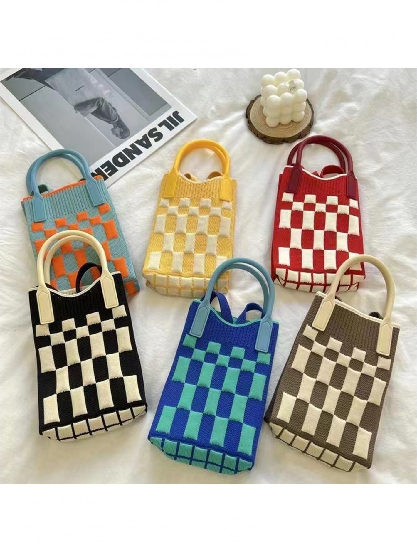 Trendy Checker Patterned Knitted Soft Cellphone Bag W Strap