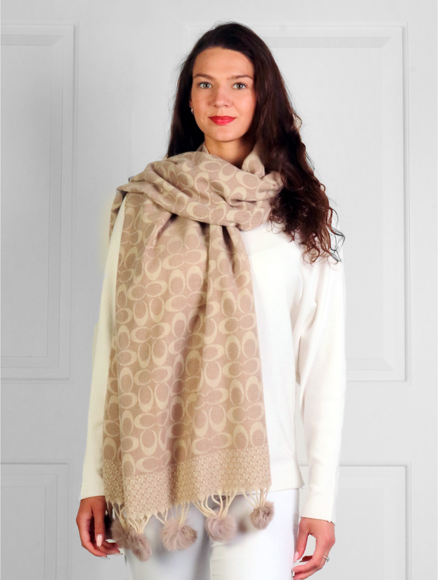 Cashmere Feeling Double Loop Scarf with Pom-Poms