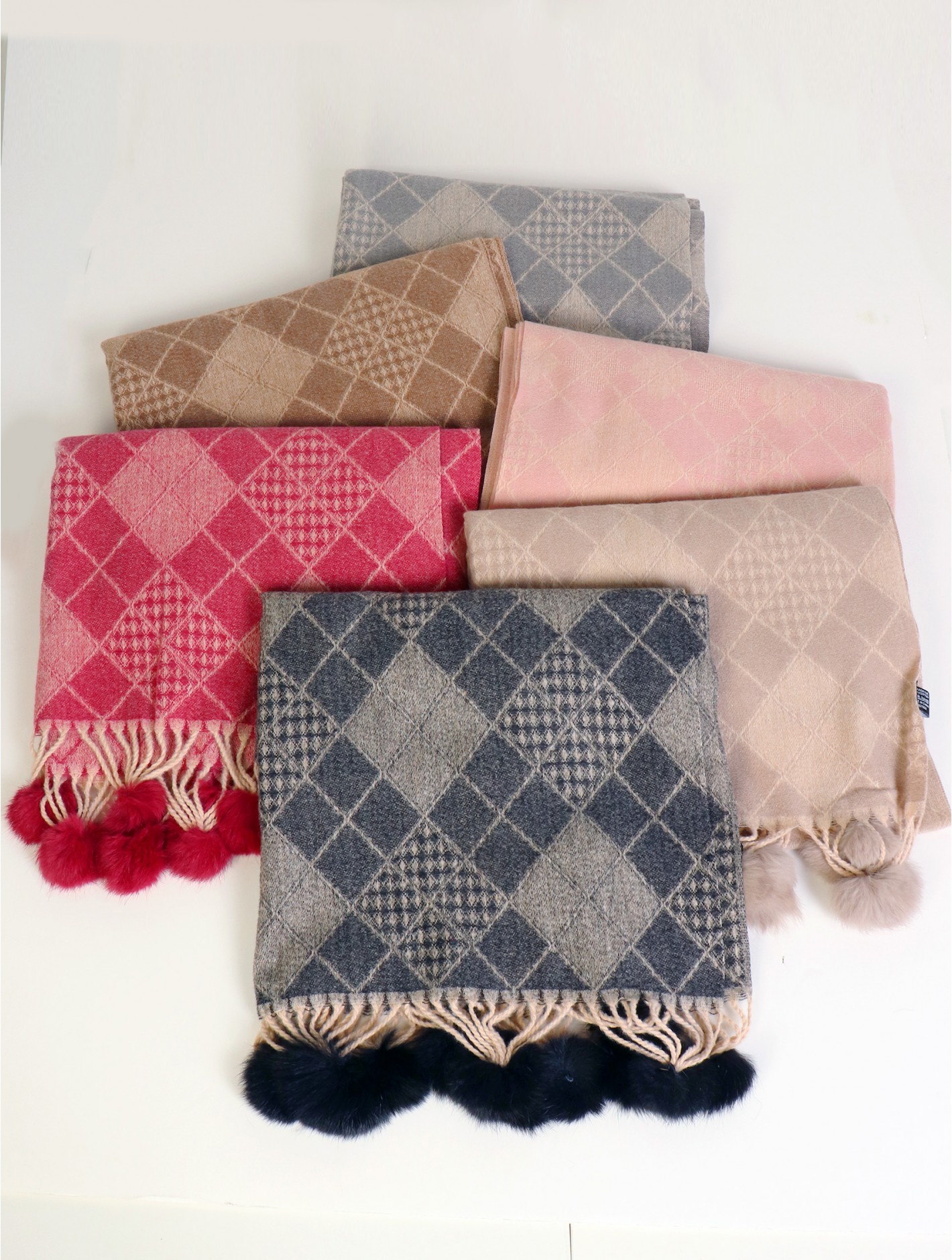 Cashmere Feeling Diamond Scarf with Pom pom