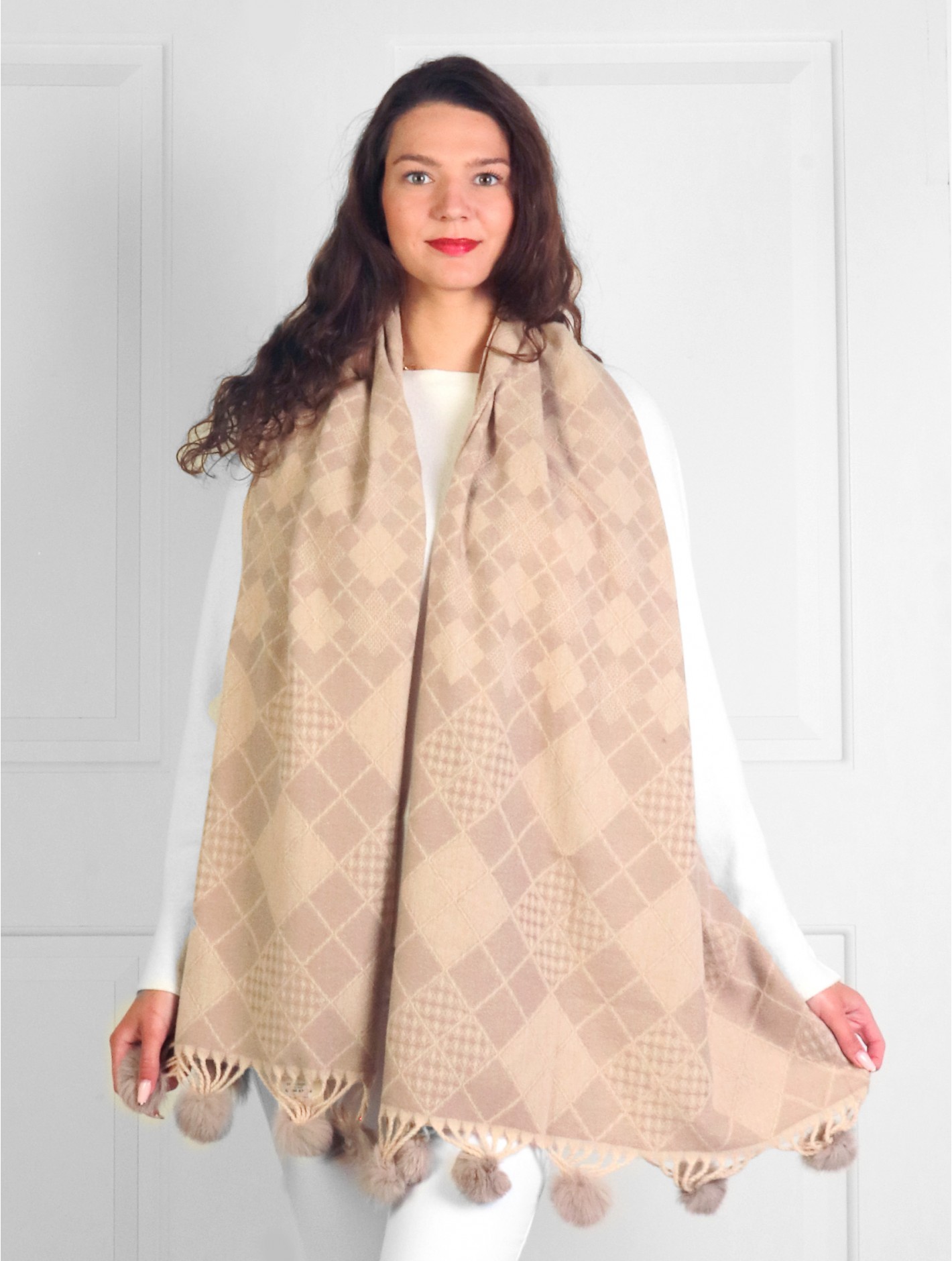 Cashmere Feeling Diamond Scarf with Pom pom