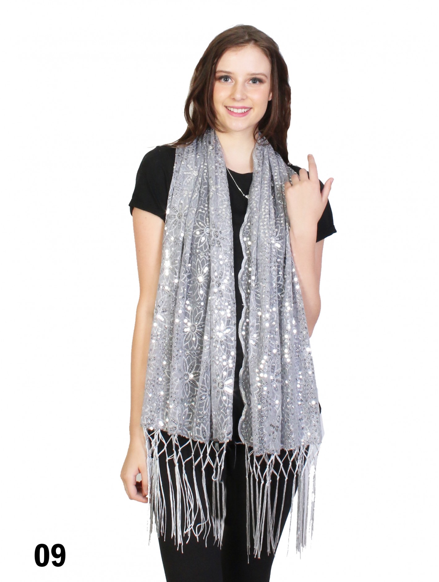 Sequined Flower Mesh Scarf W/ Fringe