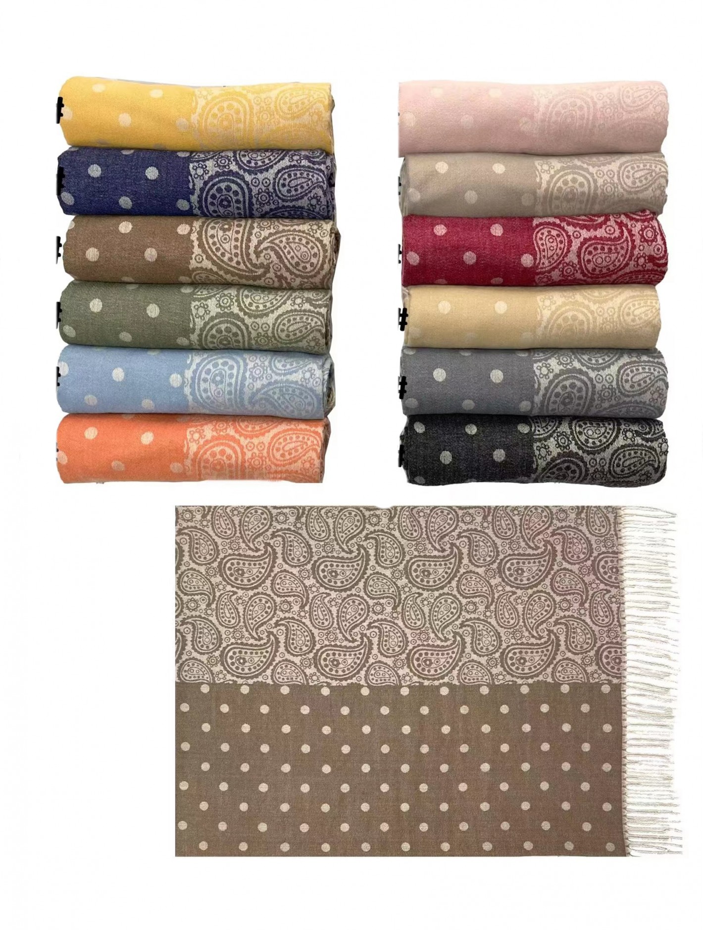 Cashmere Feeling Paisley & Polka-Dot Scarf with Fringes